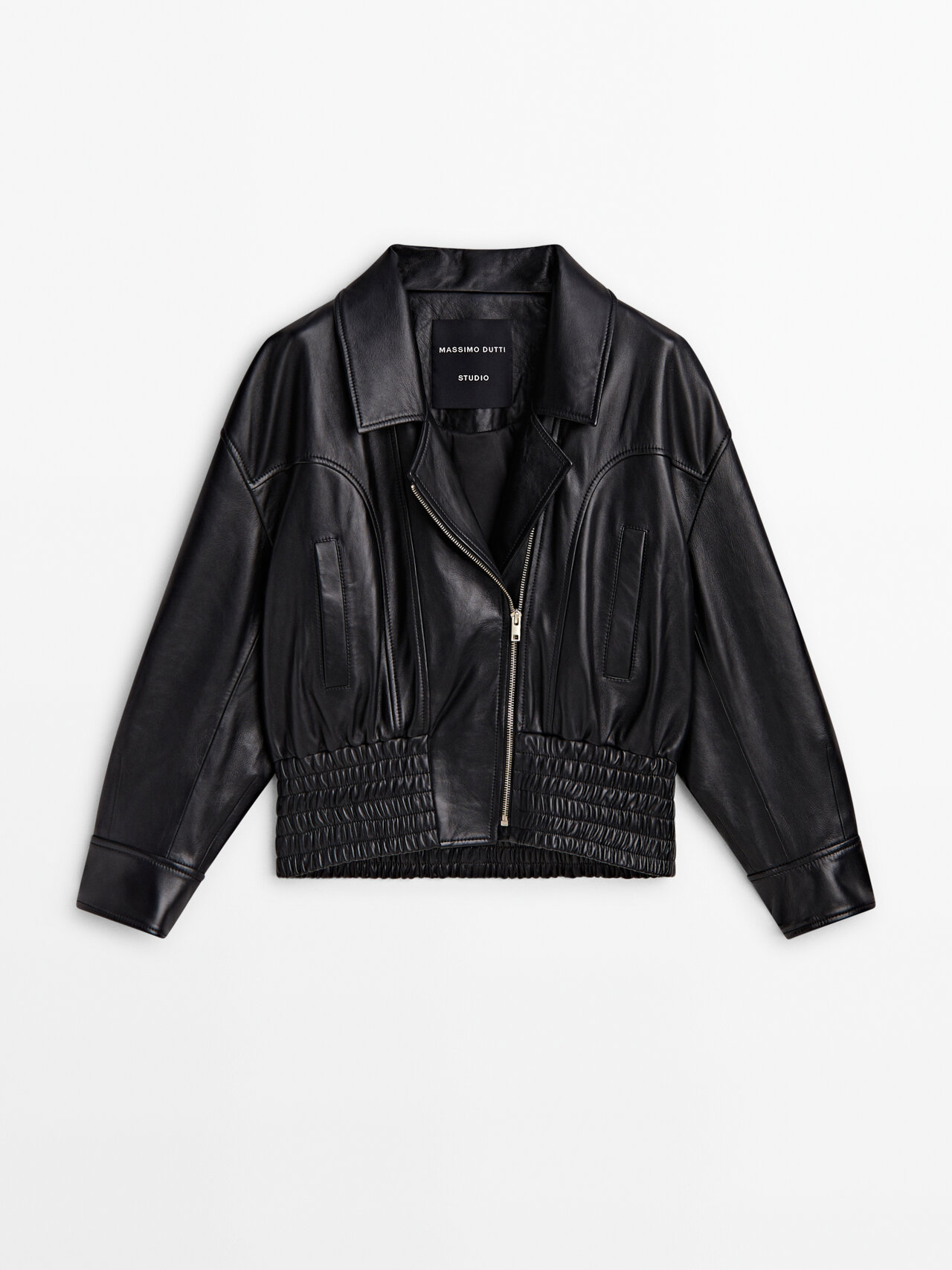Massimo Dutti Nappa Leather Stretch Bomber Jacket Studio - Black