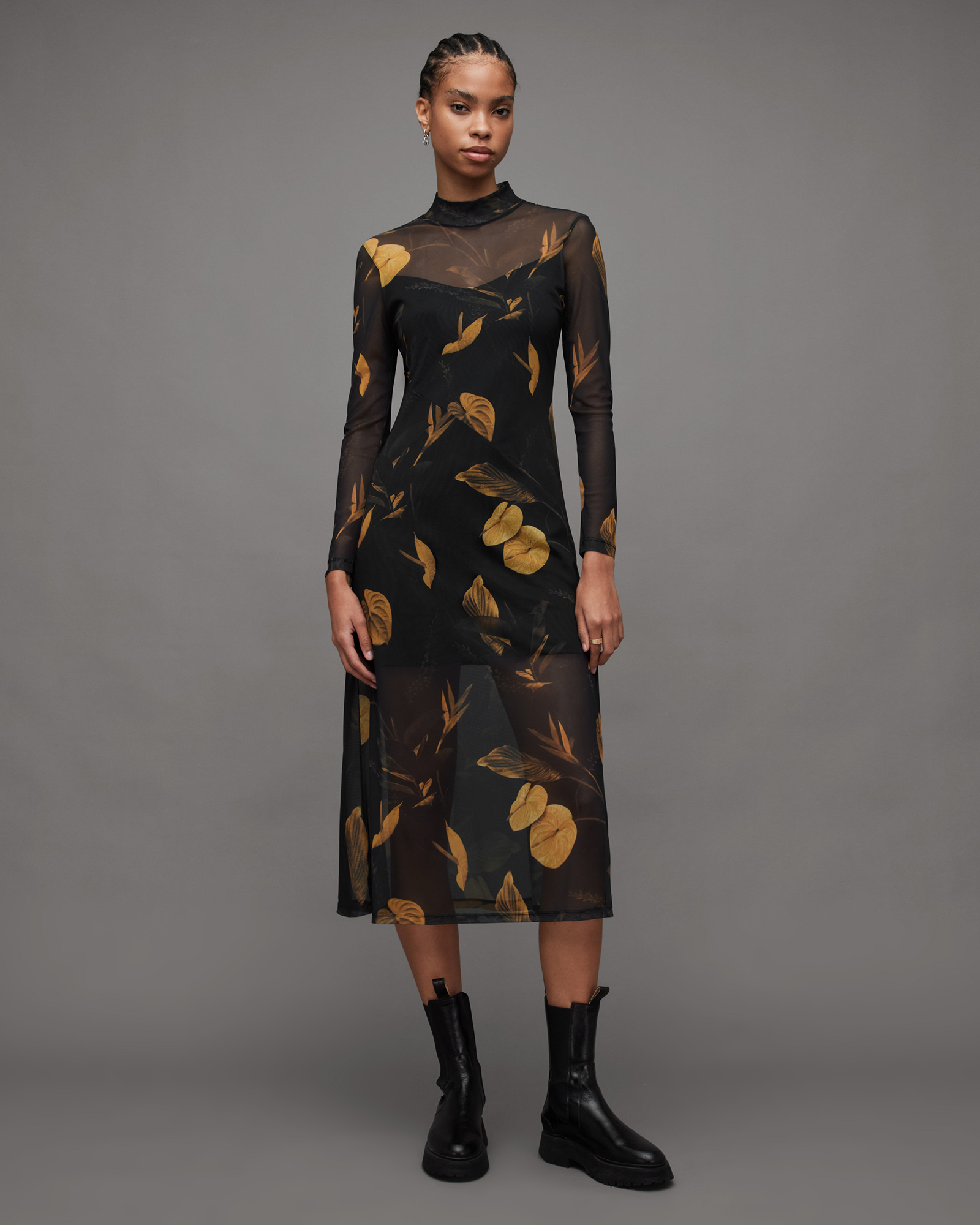 all saints hanna mesh dress Allsaints Hanna Aretha Mesh Printed Midi Dress In Black/Gold - 50% Off