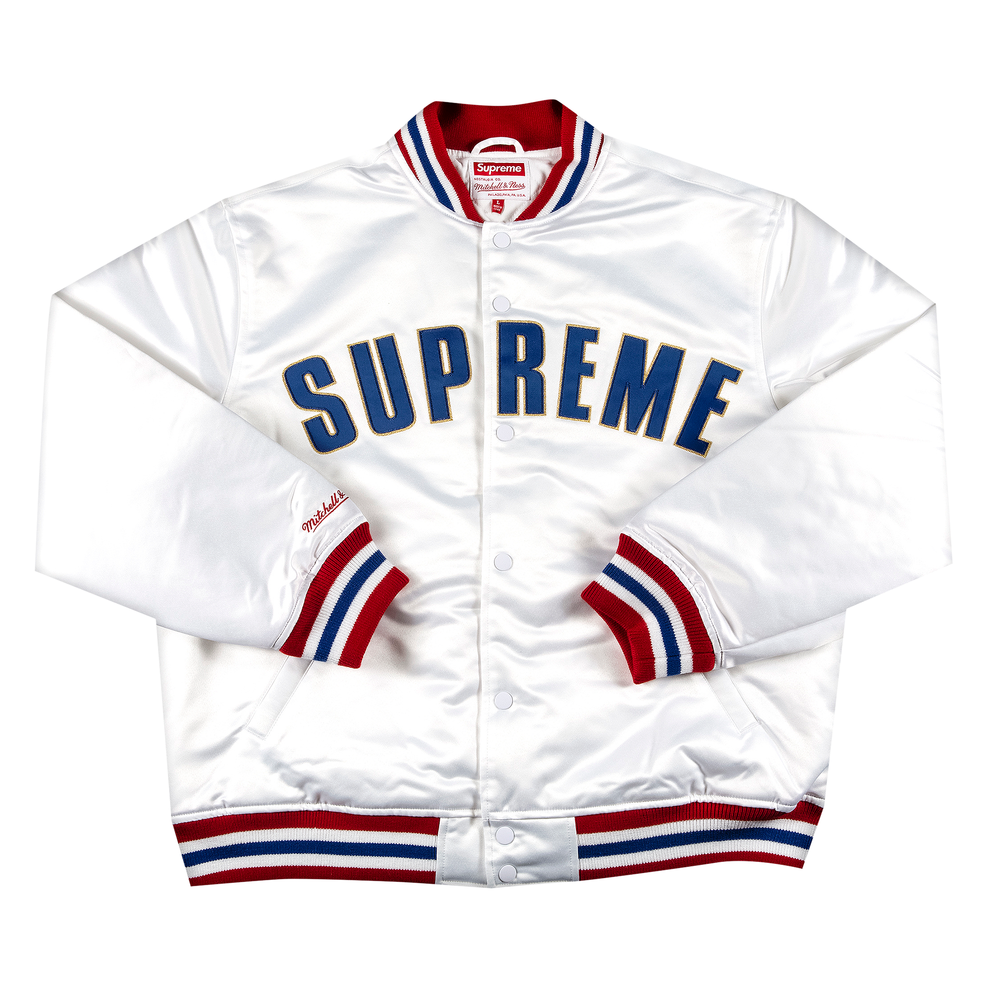 Supreme X Mitchell & Ness Satin Varsity Jacket - White | Editorialist