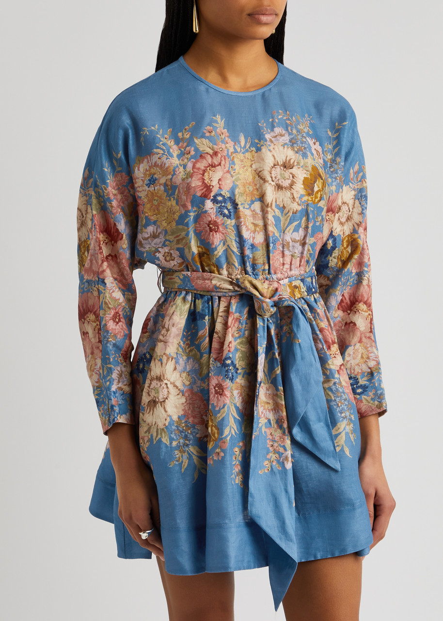 Zimmermann August Floral-Print Linen Mini Dress - Blue | Editorialist