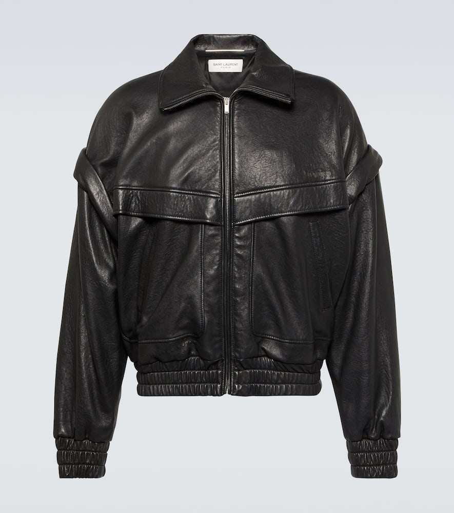 Saint Laurent Distressed Leather Bomber Jacket - Black