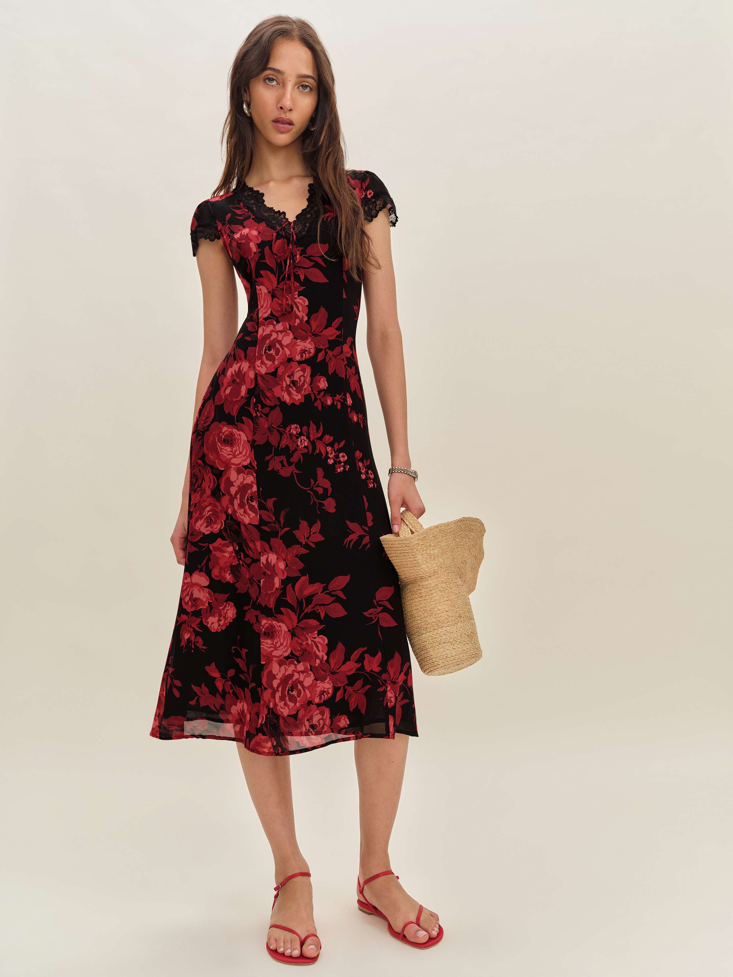 knee length dresses for ladies Baltic Born Womens Dani Ruffle Tiered Midi Dress | Multi Floral main image 0