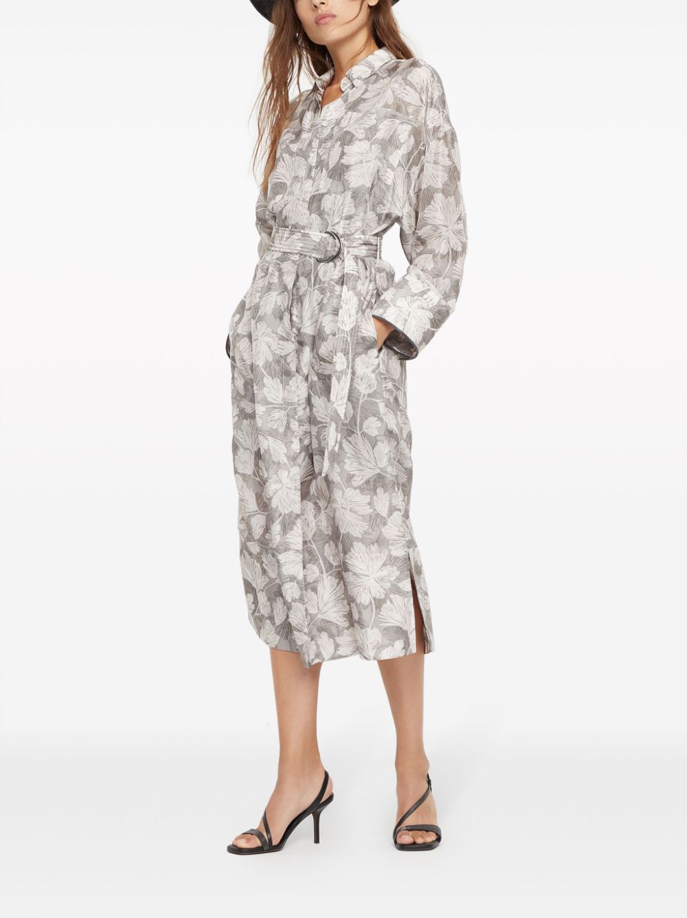 BRUNELLO CUCINELLI Brunello Cucinelli Leaf-Print Belted Midi Dress