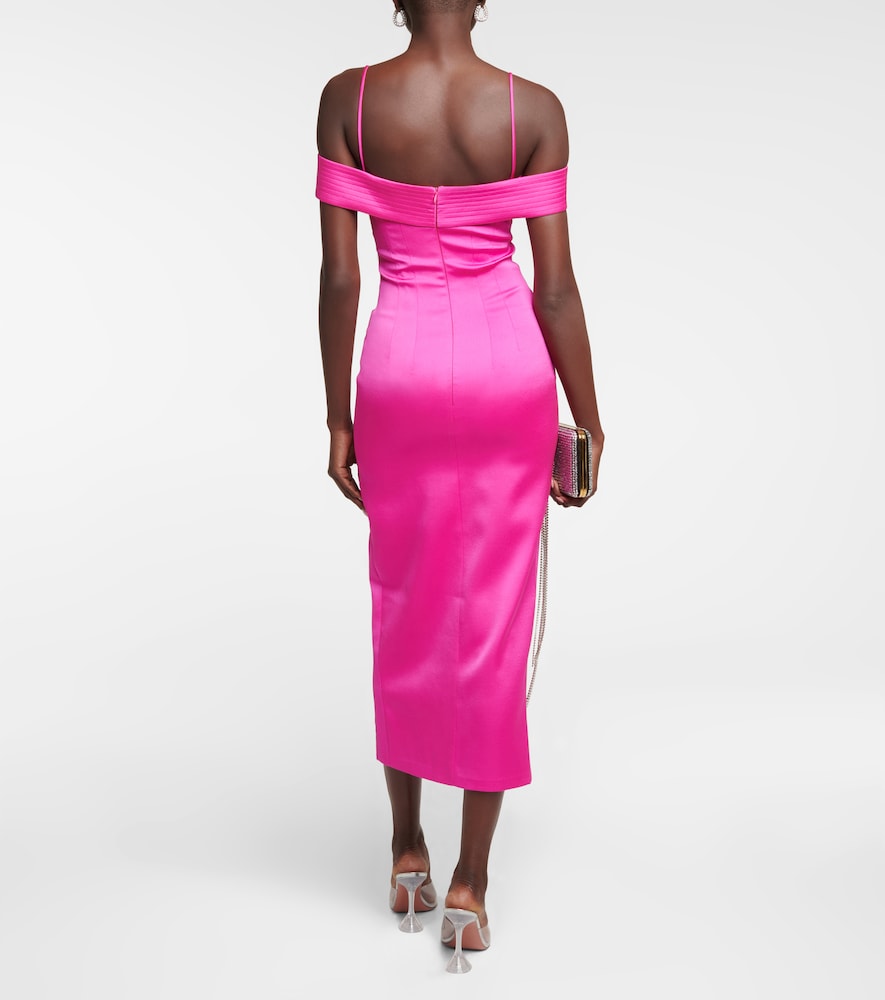 hot pink off the shoulder midi dress Stylish Season Off Shoulder Satin Midi Dress Fuchsia