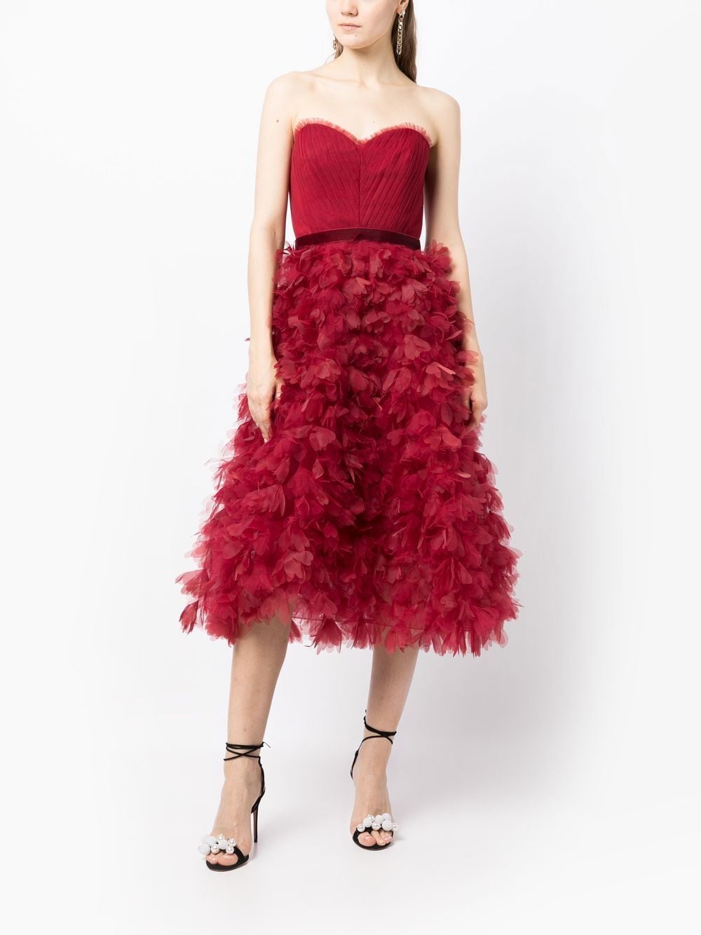 MARCHESA Strapless Ruffled Midi Dress