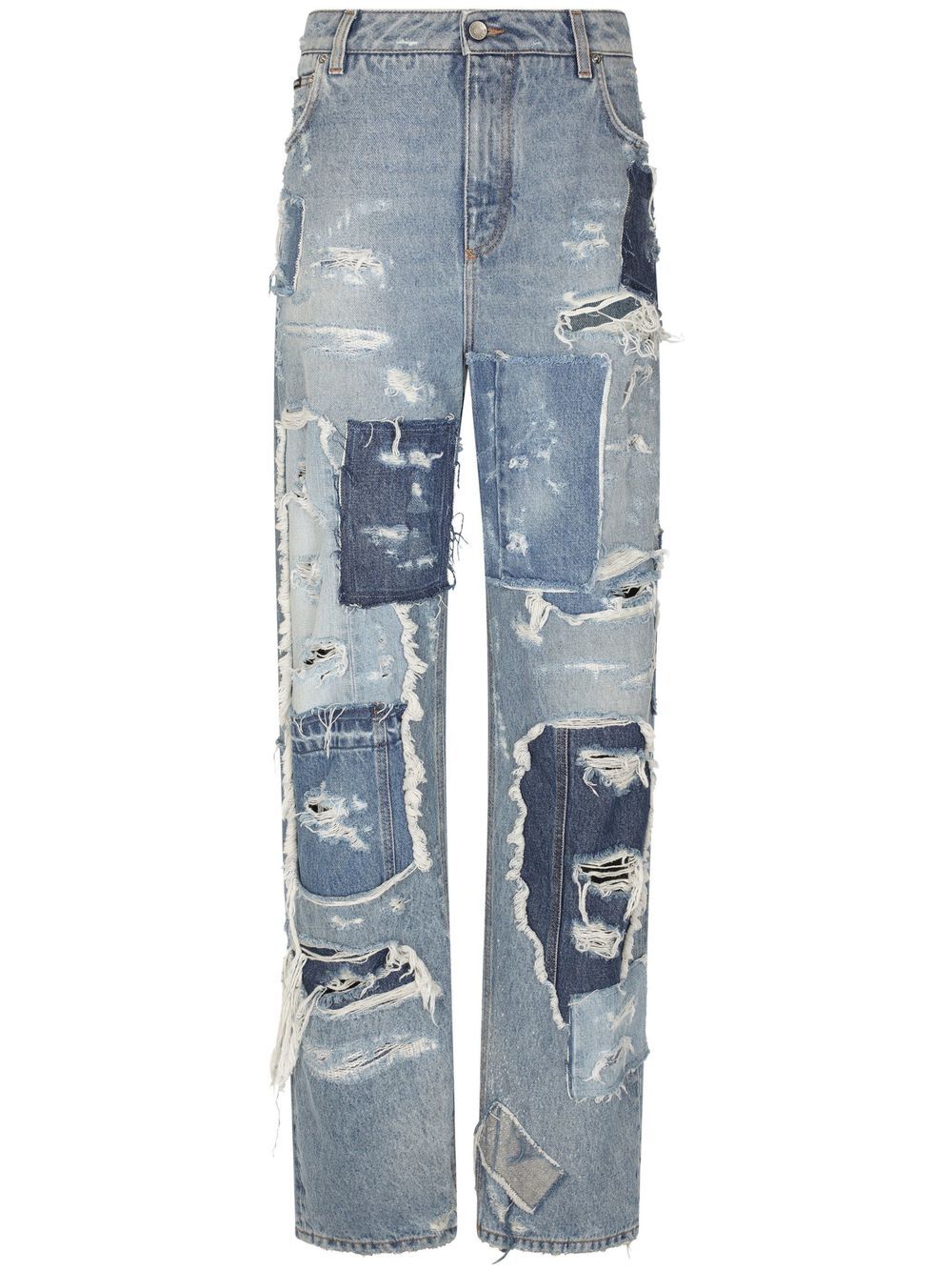 Dolce & Gabbana Distressed Patchwork Wide-Leg Jeans In Blue  display picture 1