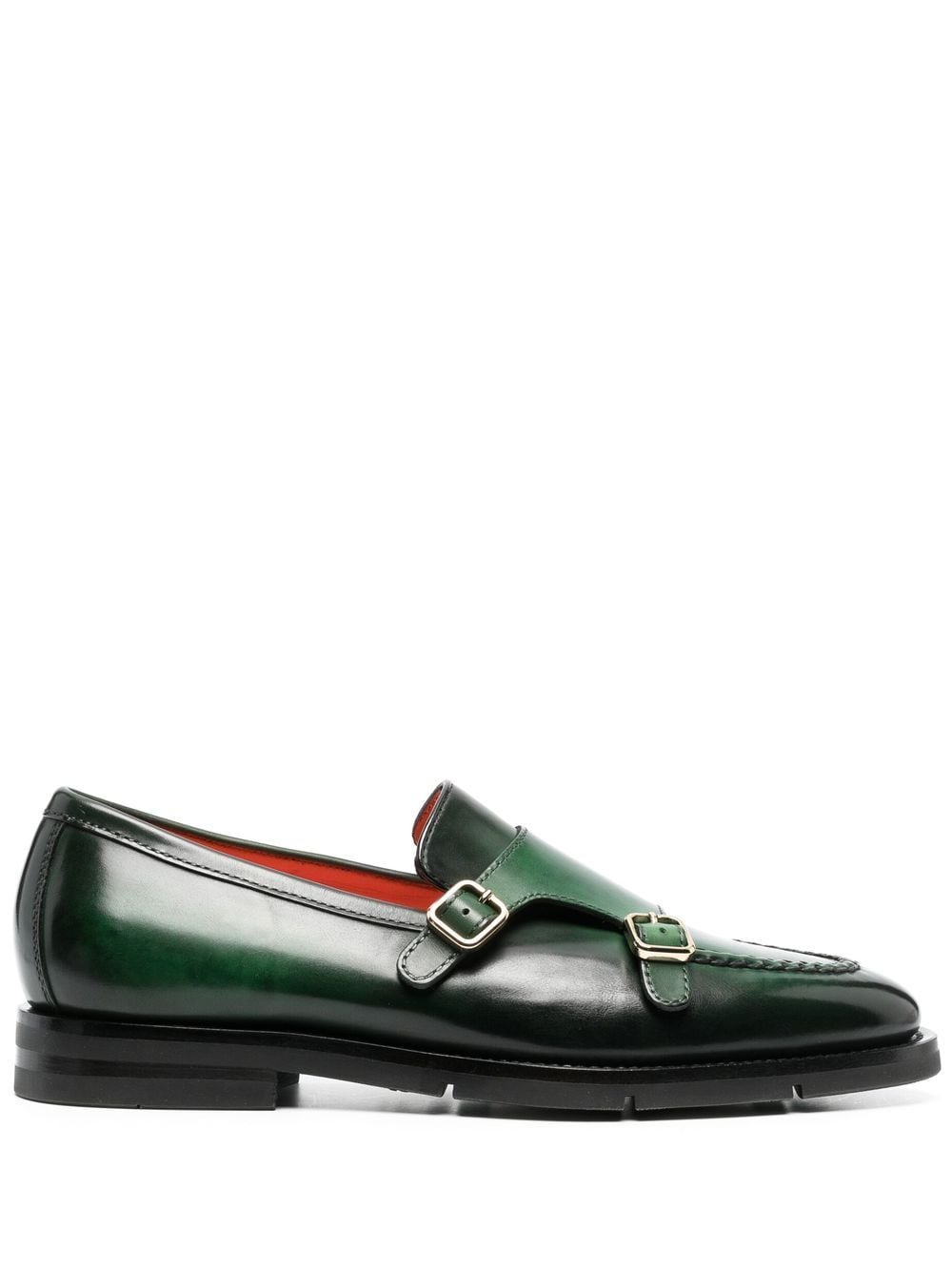 Santoni Olive Green Leather Double Monk Strap Loafers Santoni, shoes in olive green alligator leather - Unique  main image 4