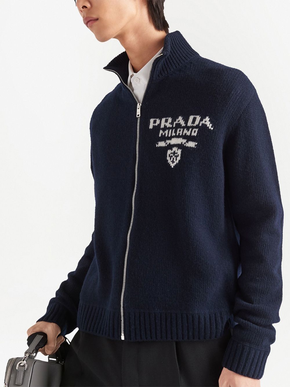 Prada Intarsia-Knit Logo Zip-Up Cardigan - F0008 Navy | Editorialist