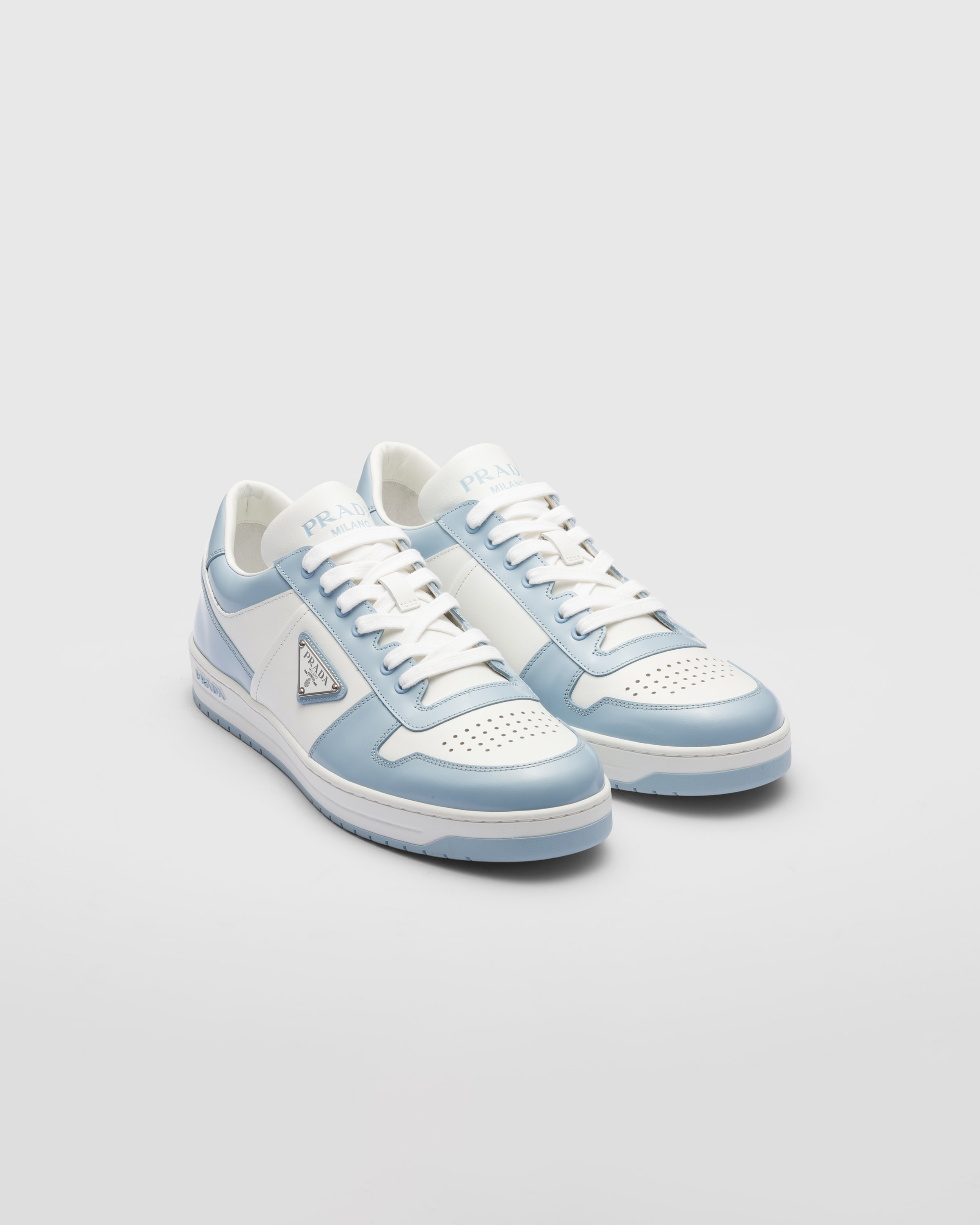 Prada Downtown Leather Sneakers - White/Light Blue | Editorialist