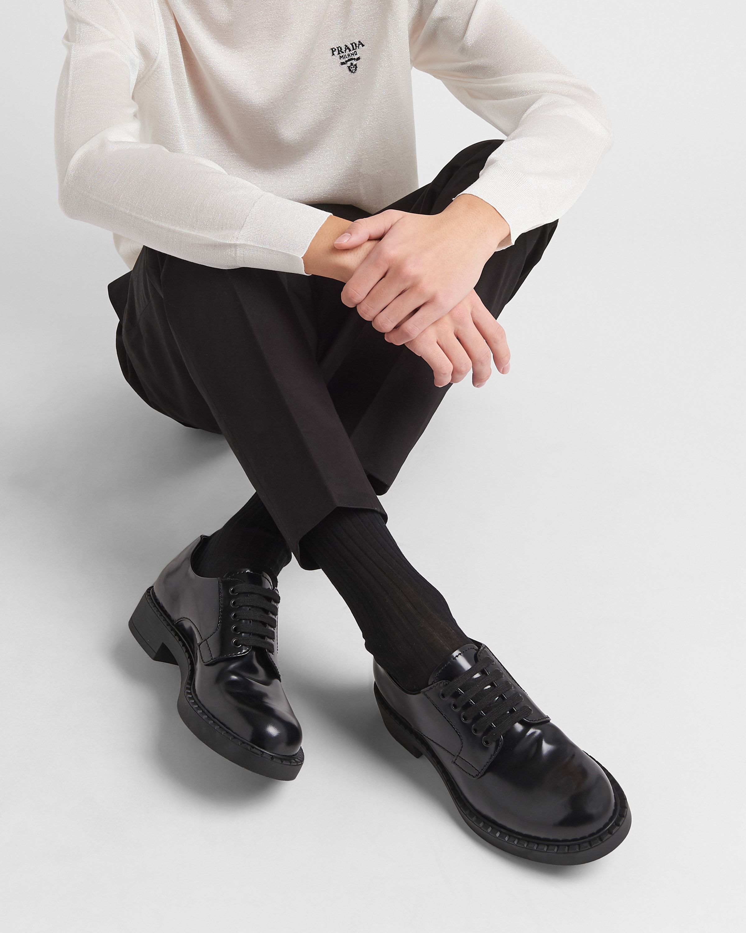 Prada Brushed Leather Derby Shoes - Black | Editorialist