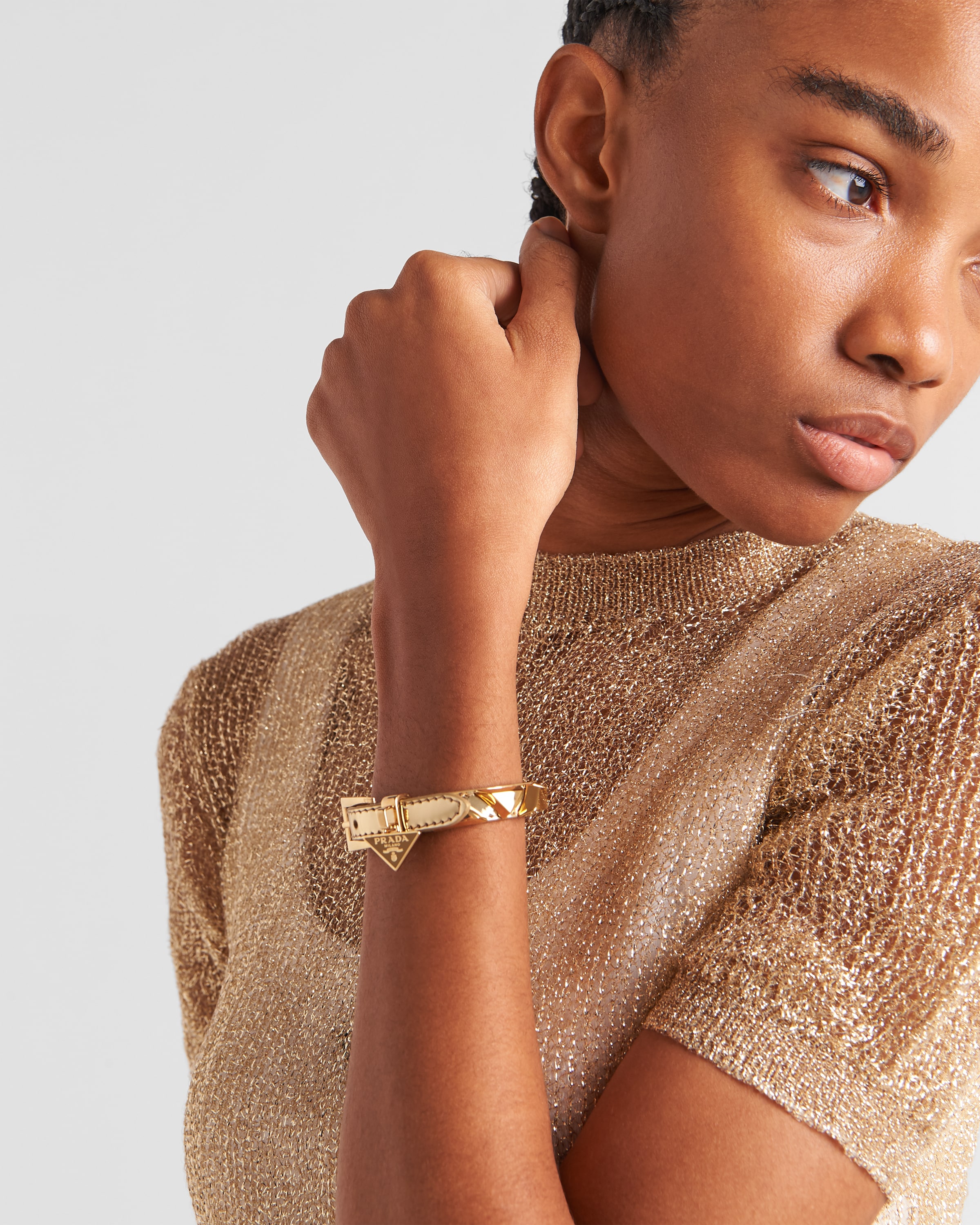 アクセサリー prada leather studs double bracelet Prada Studded Brushed Leather Bracelet - Platinum | Editorialist