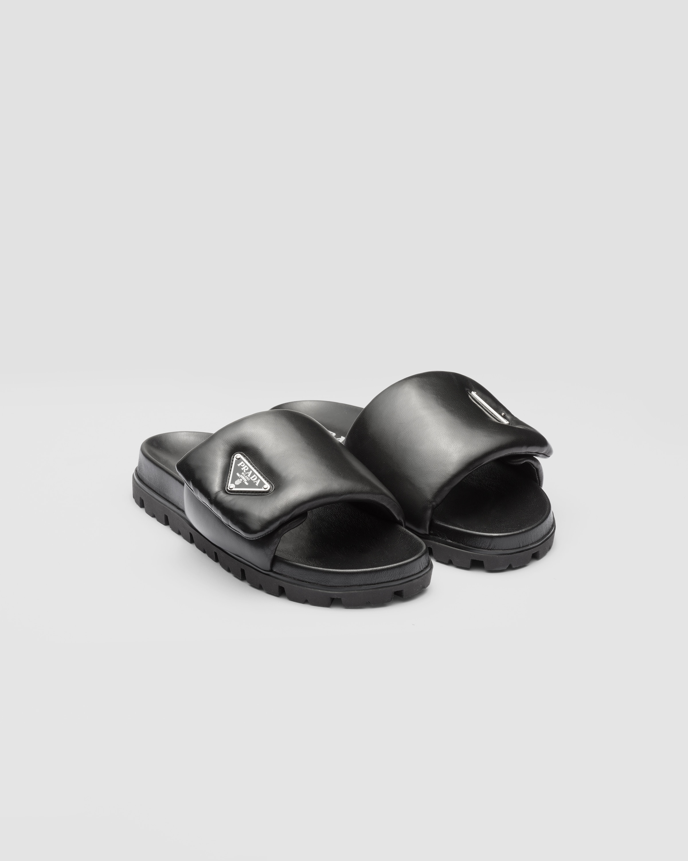 Prada Soft Padded Nappa Leather Slides - Black | Editorialist