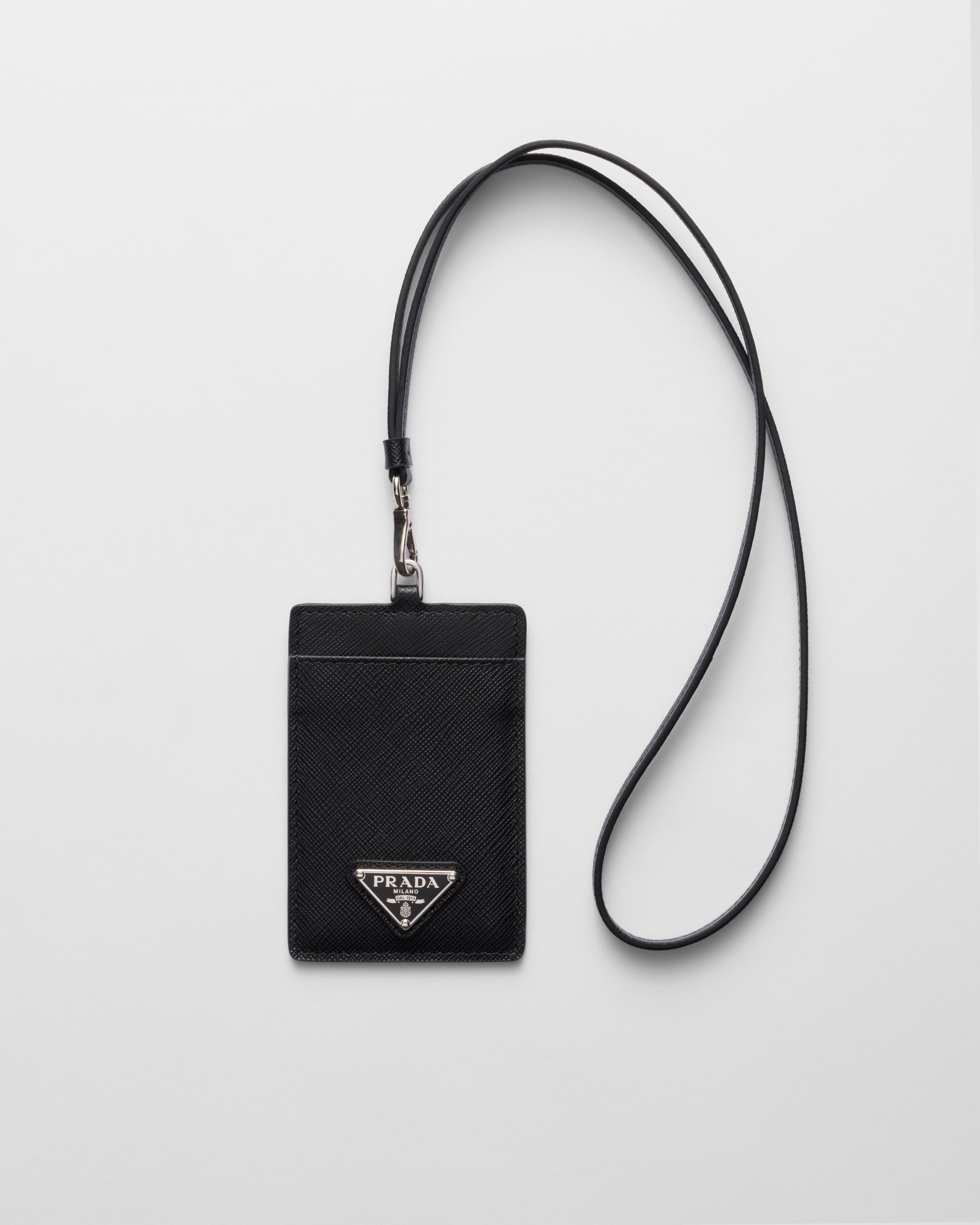 Prada Saffiano Leather Badge Holder In Black Editorialist