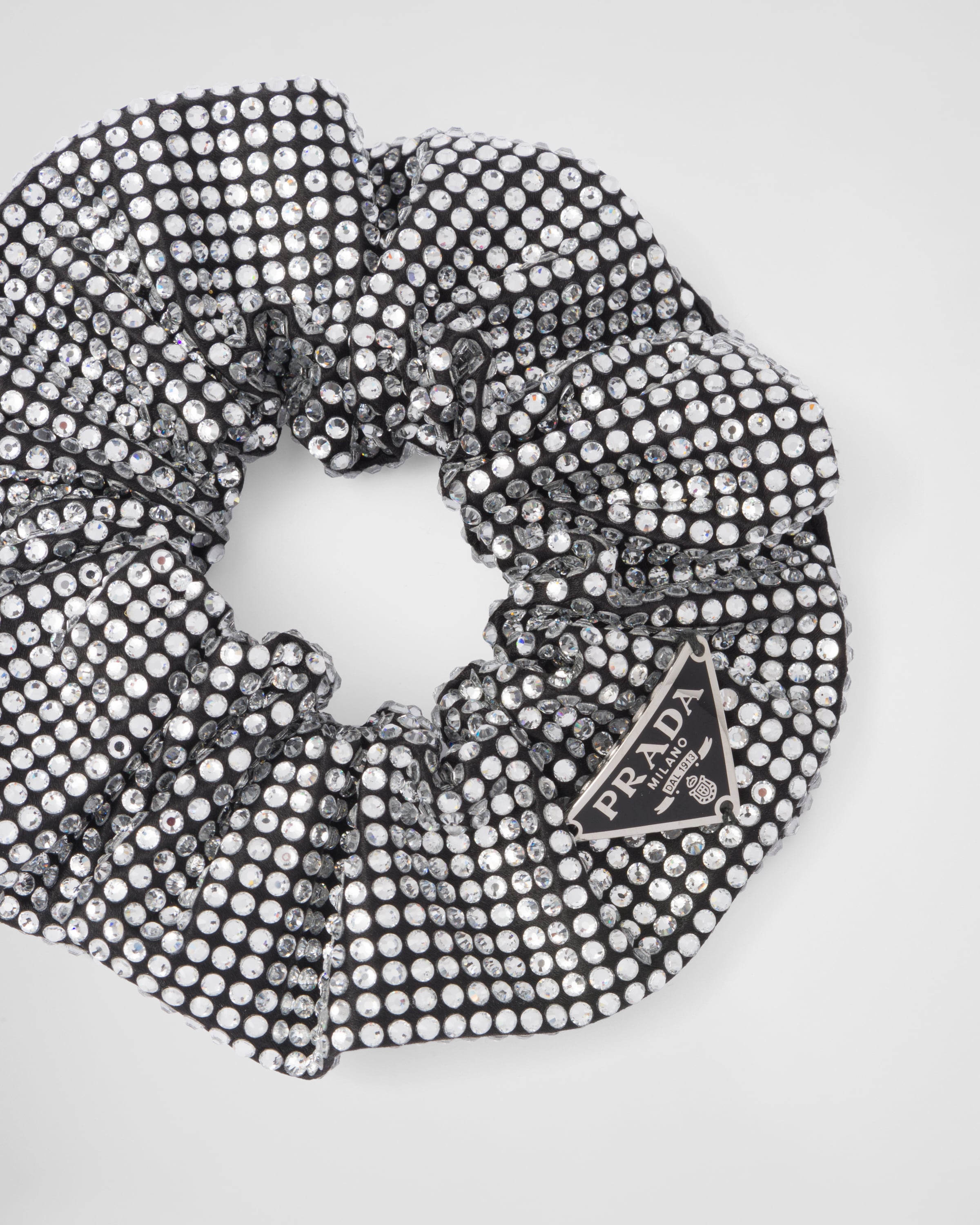Prada Black and Silver Crystal-Studded Scrunchie Black Re-nylon Scrunchie | PRADA - United States main image 3