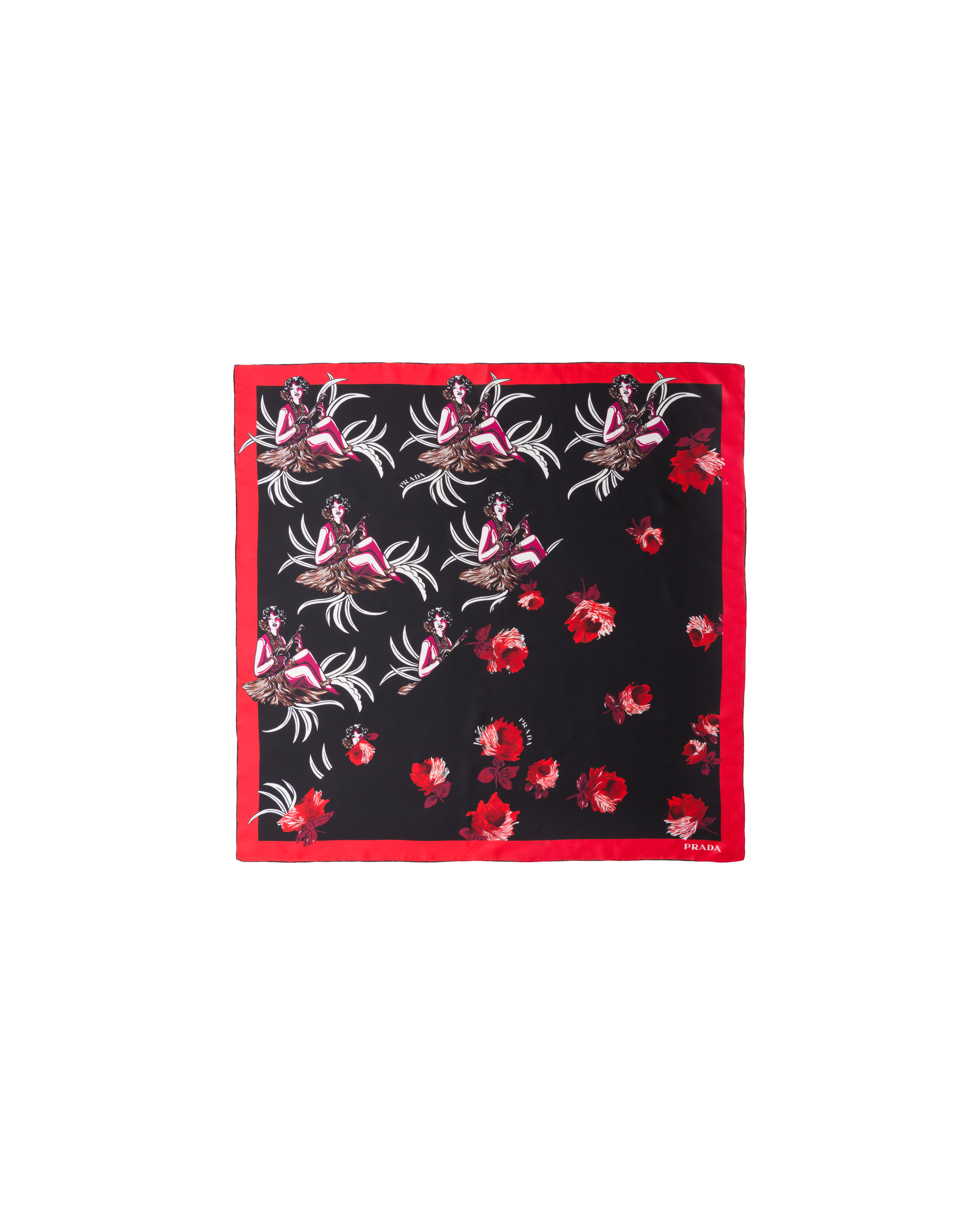 Prada Double Match Hawaii Printed Silk Scarf 90x90 - Red/Black