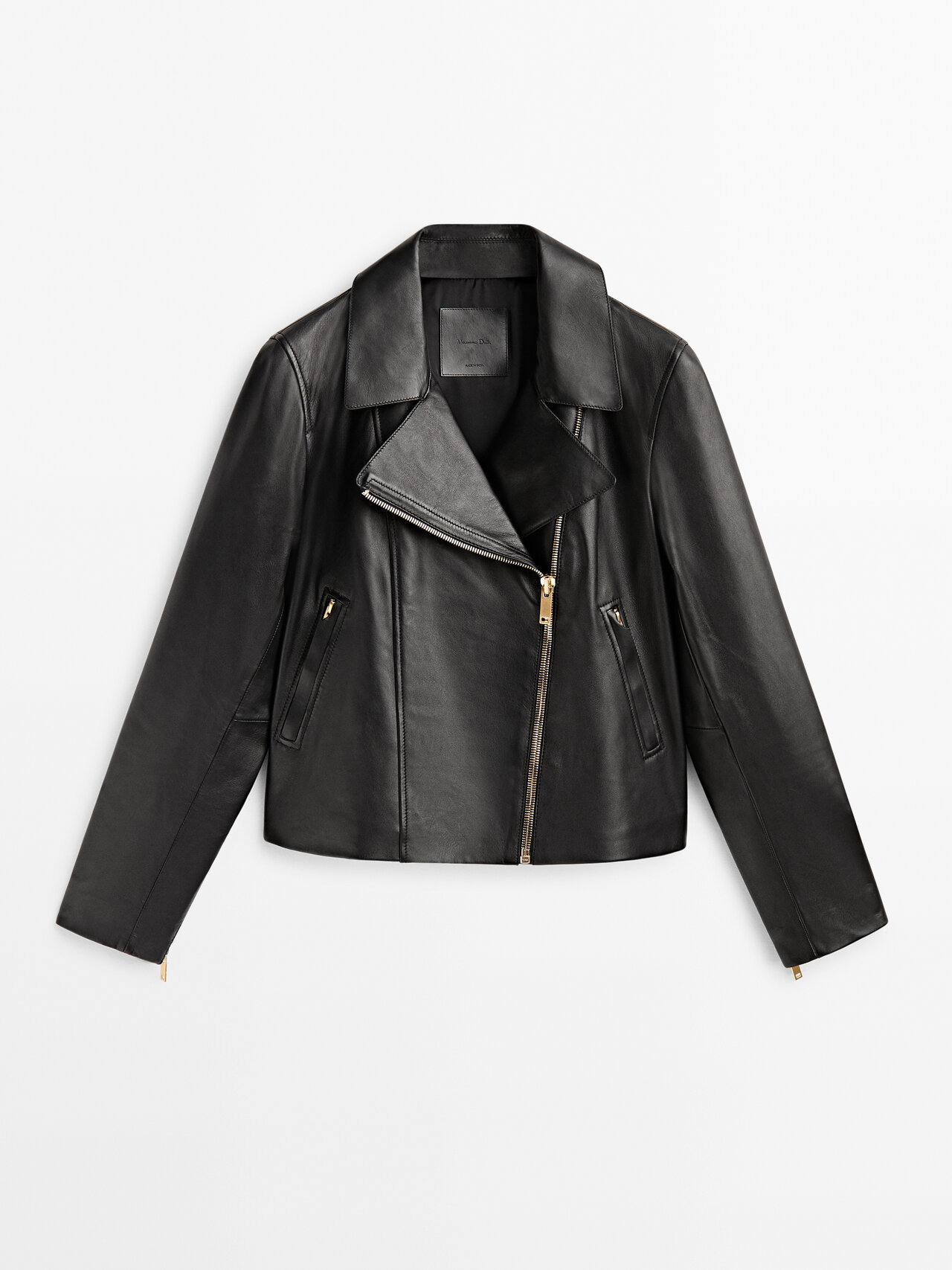 Massimo Dutti Nappa Leather Biker Jacket In Black - 30% Off