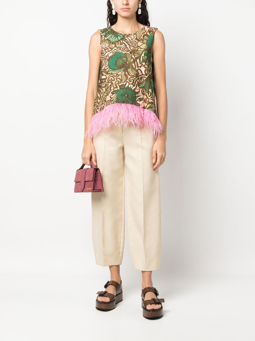 LA DOUBLEJ La DoubleJ Painterly-Print Feather-Trim Top