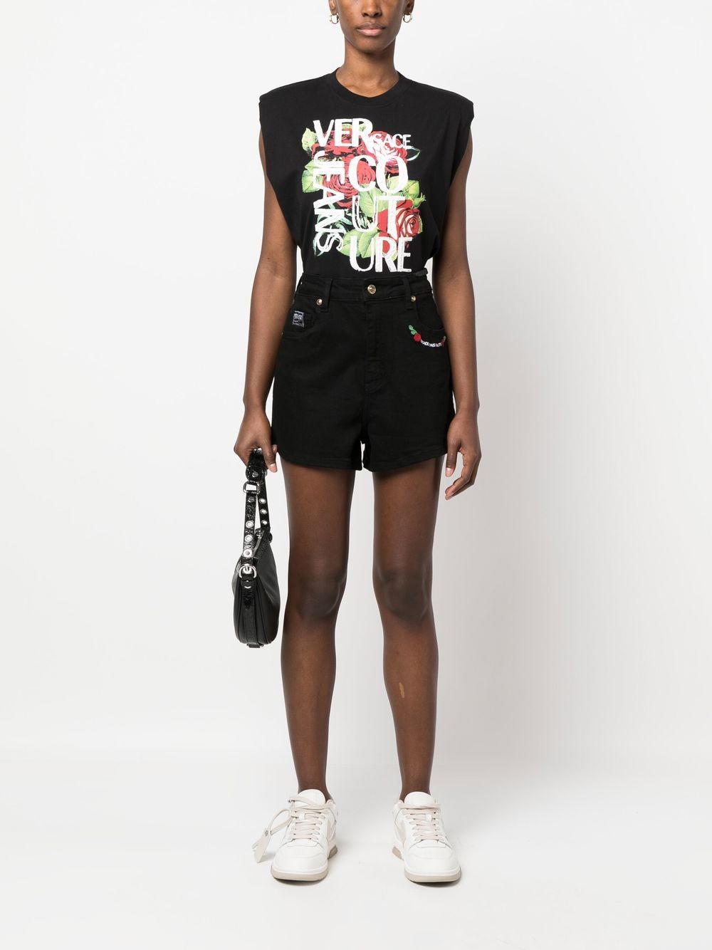 VERSACE Versace Jeans Couture Black Cotton Logo Print Sleeveless T-Shirt