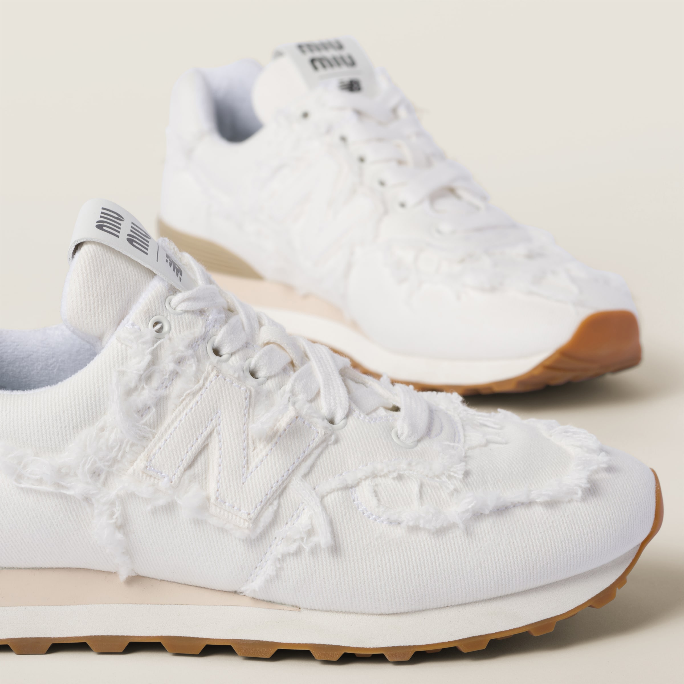 Miu Miu New Balance 574 X Denim Sneakers - White | Editorialist