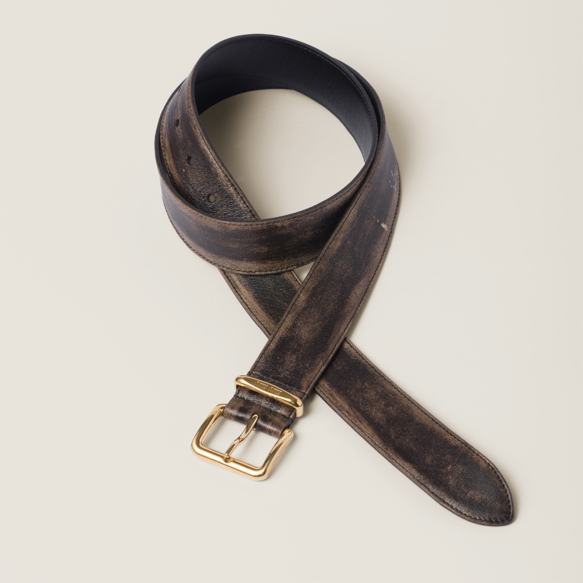 Miu Miu Dark Brown Leather Belt with Gold Hardware Oak Nappa Leather Belt | Miu Miu - United States main image 2
