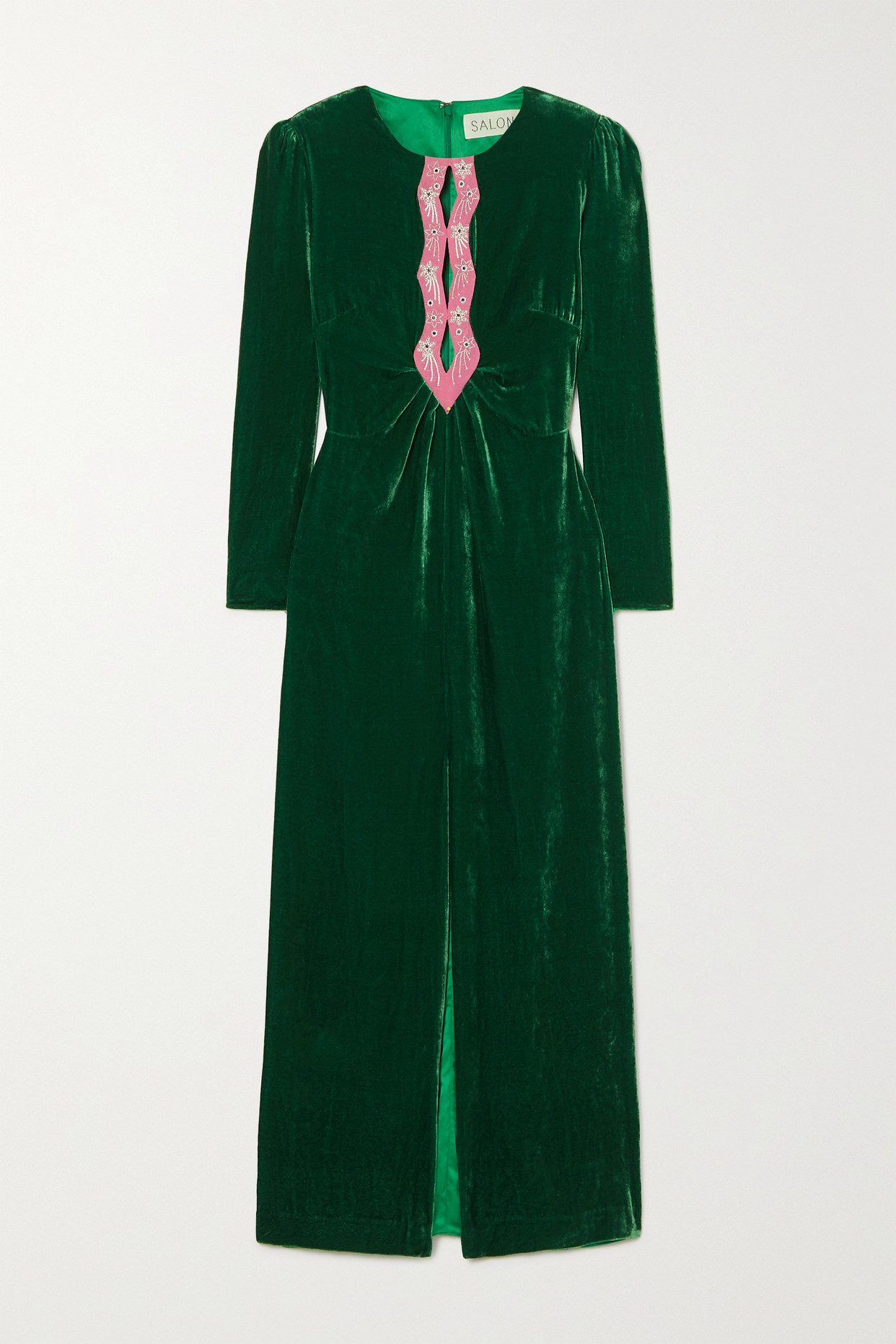 what to make with green goddess dressing Camille Velvet Embellished Bows Dress in Green – SALONI main image 1