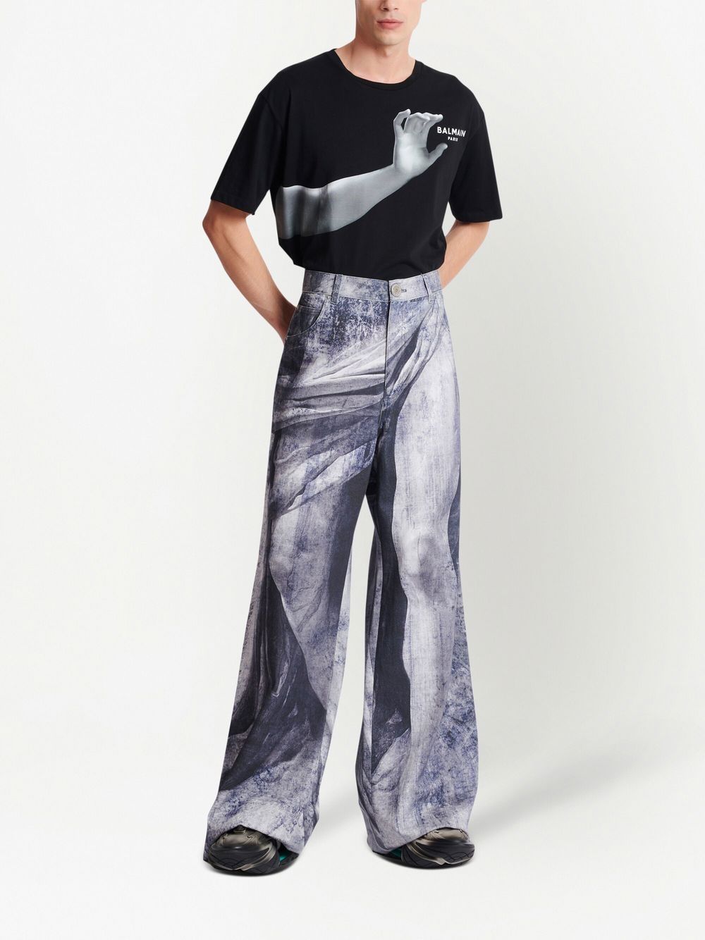 BALMAIN Graphic-Print Wide-Leg Jeans