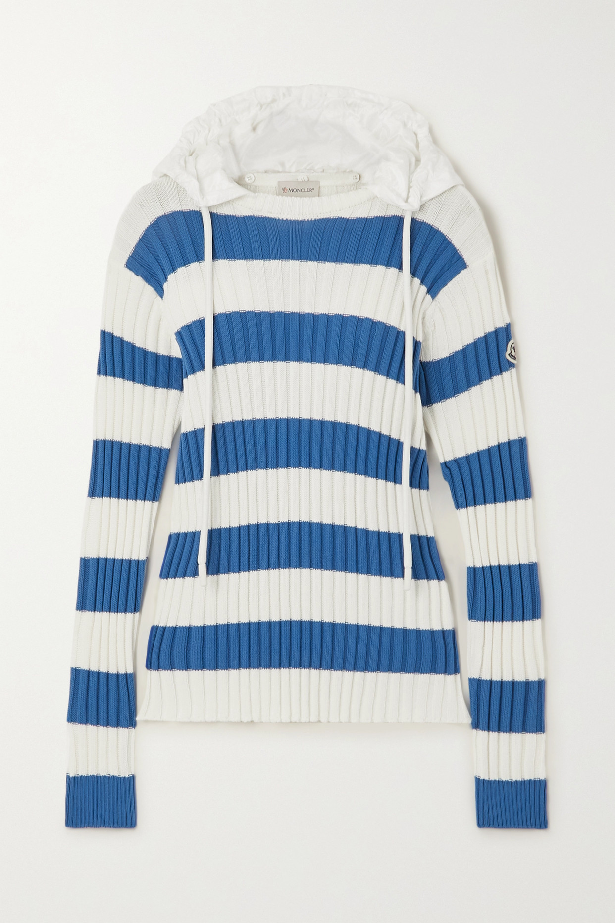 Moncler Shell-Trimmed Striped Ribbed Cotton Hoodie - Blue