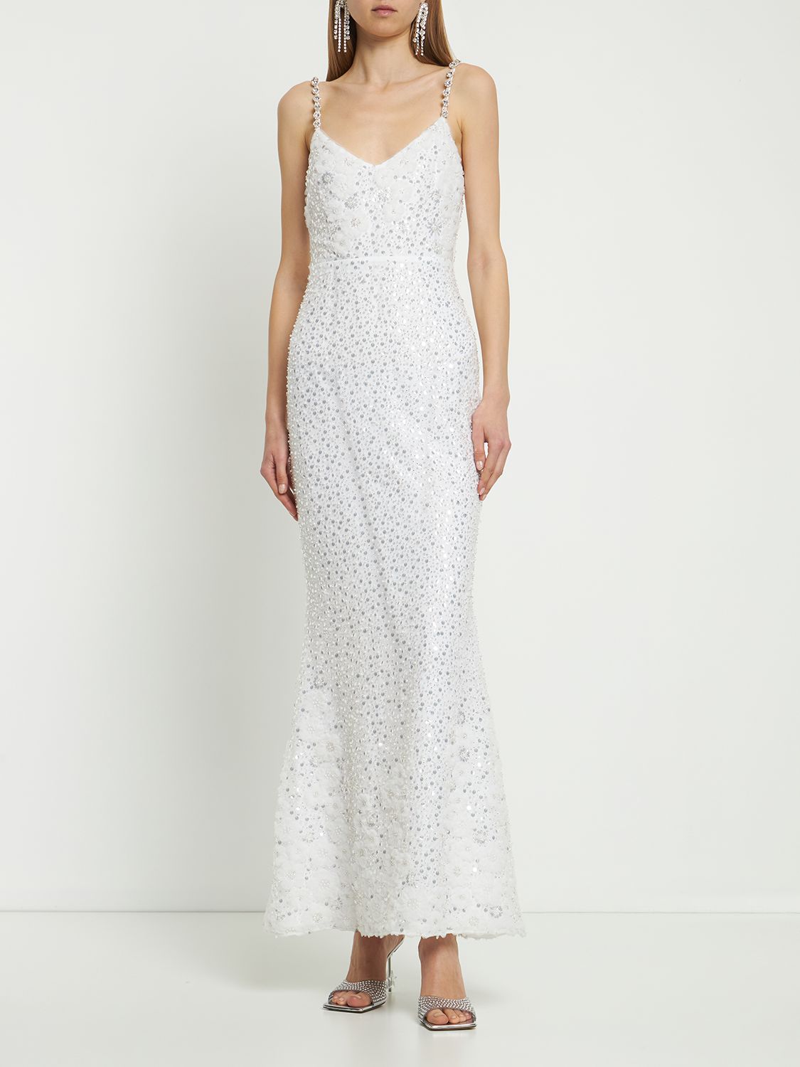 self portrait white beaded sequin maxi dress White Sequin Lace Tiered Maxi Dress self-portrait-US