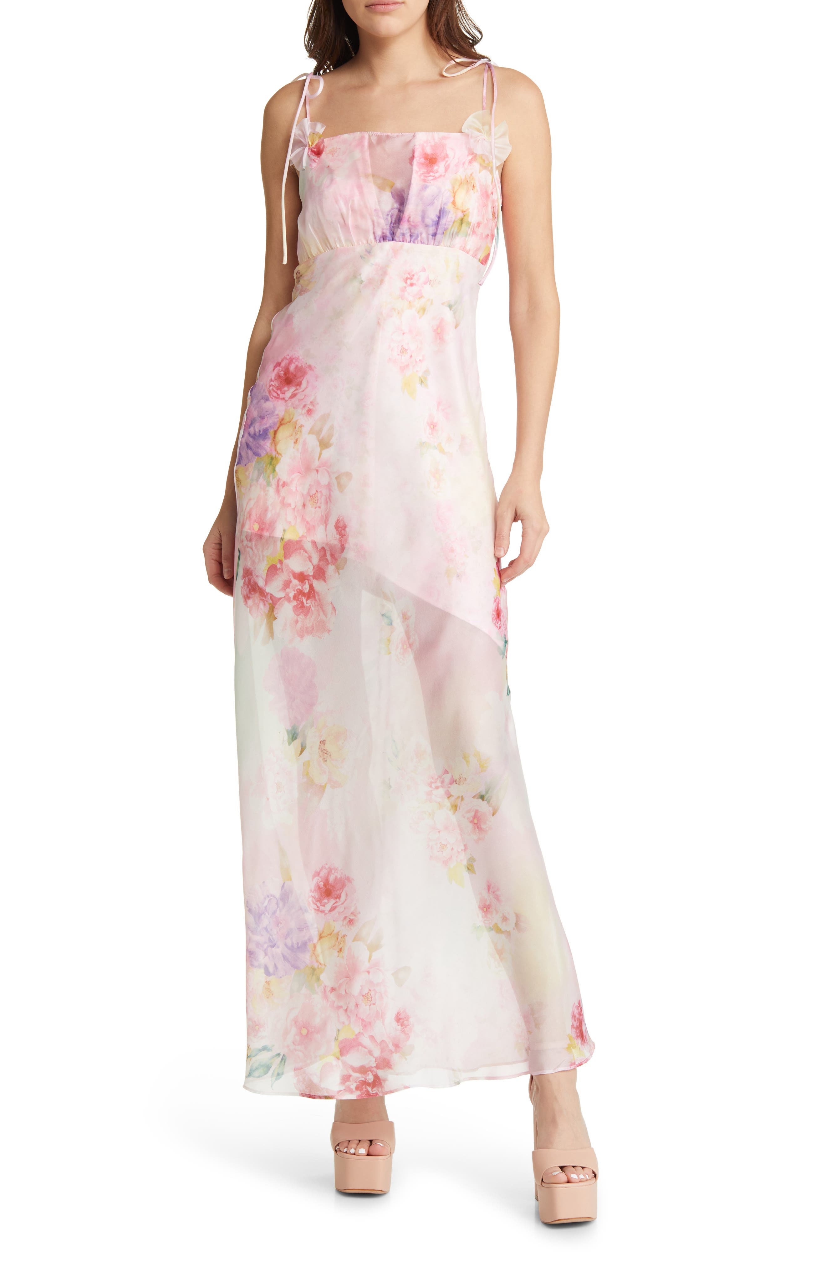 For Love Lemons Lisa Floral Organza Maxi Dress In Pink 70% Off