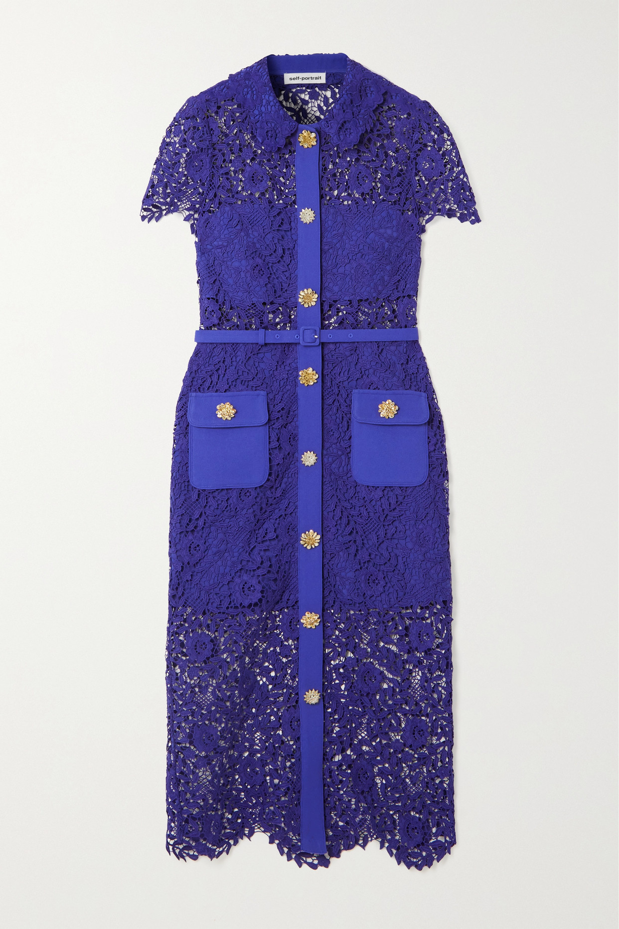 self portrait lace panel shirt dress Self-portrait - Blue Lace Collared Midi Dress