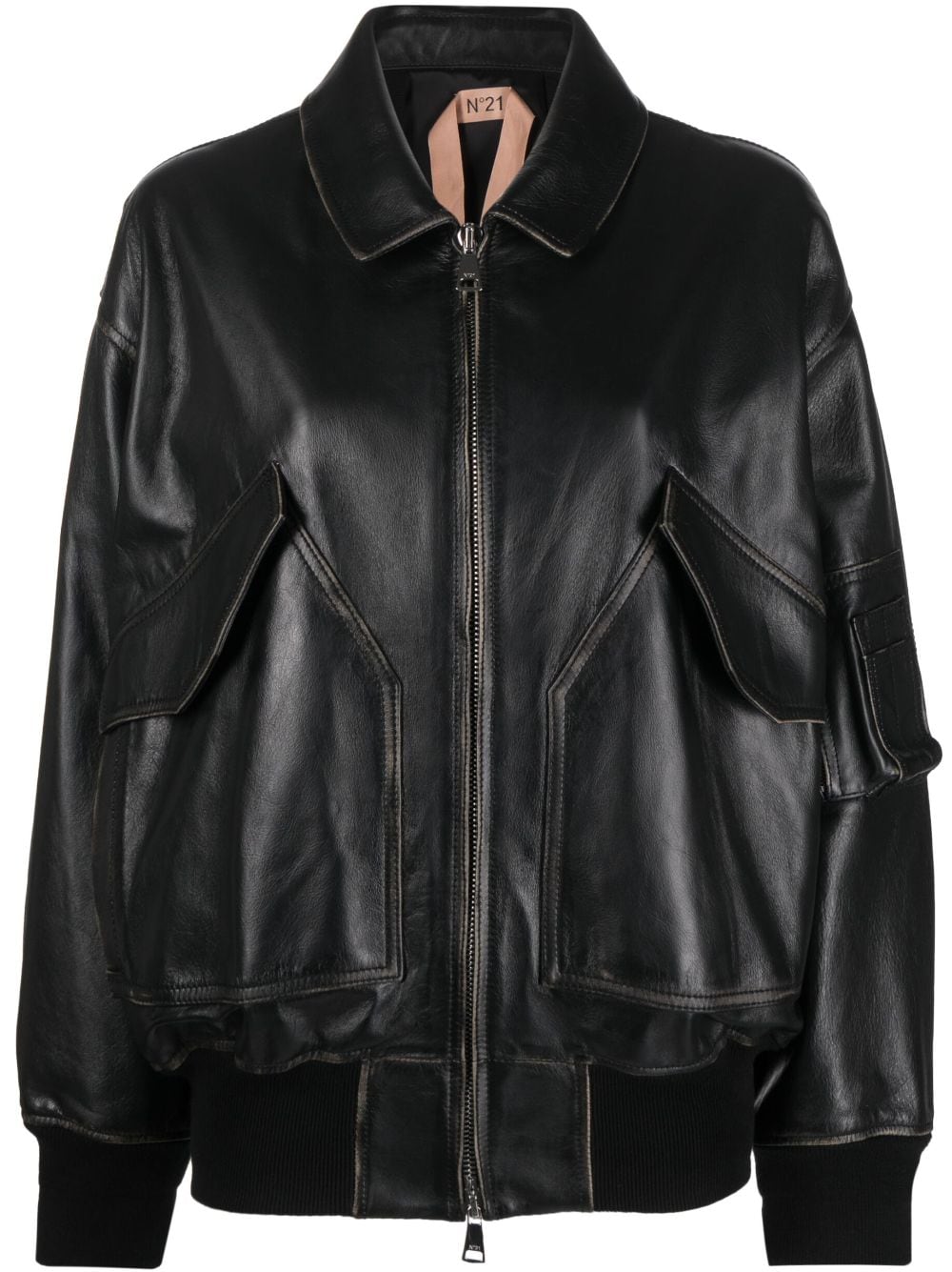 N°21 Multi-Pocket Leather Bomber Jacket In Black - 45% Off