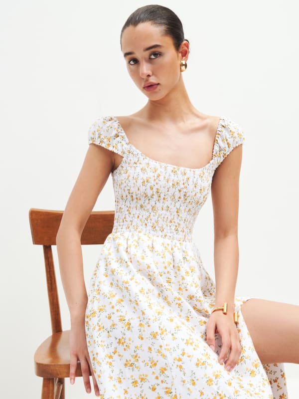 tavi linen dress reformation NWT Reformation Tavi 100% Linen White Smocked Ruffle Midi Dress Size Medium