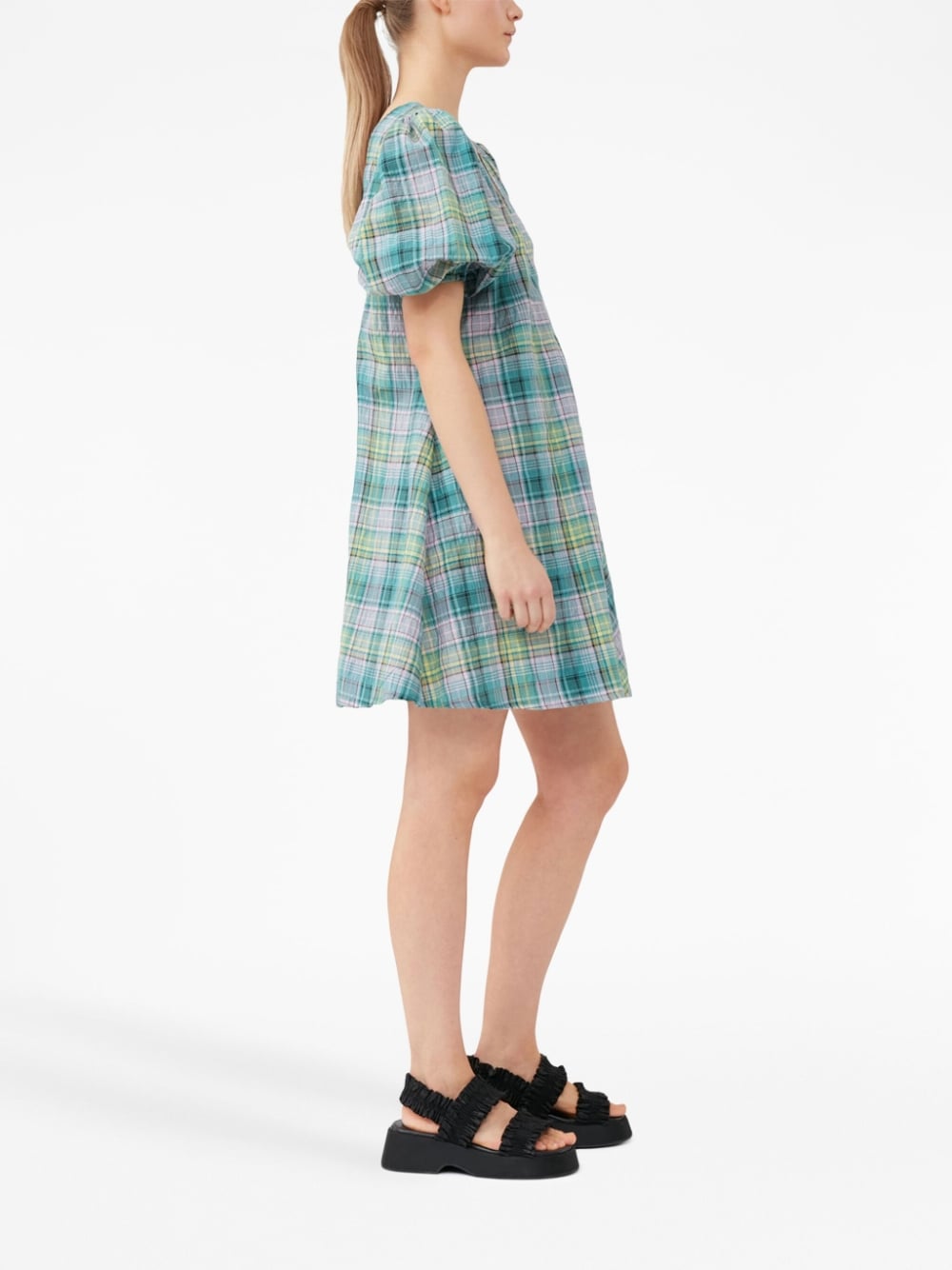 ganni green checked dress GANNI Seersucker Check Wrap Dress