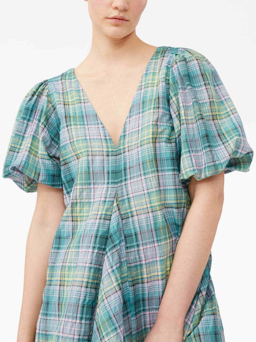 GANNI Check-pattern V-neck Minidress - Green | Editorialist