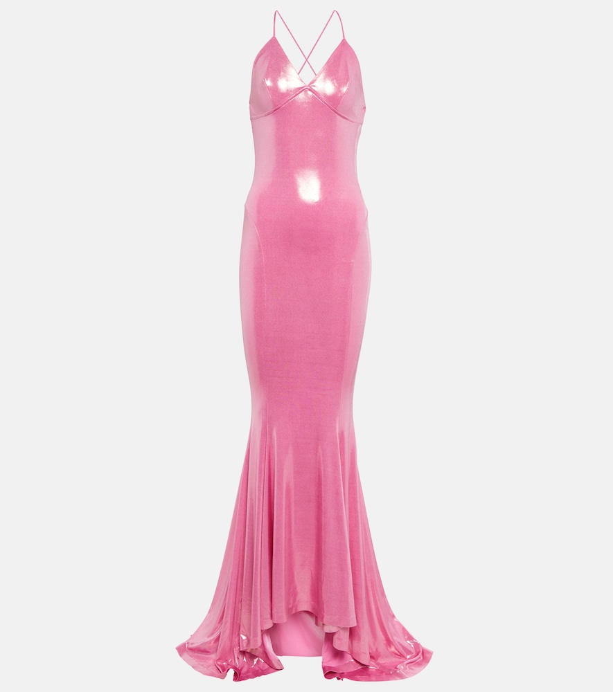 norma kamali fishtail dress pink Norma Kamali Diana Fishtail Gown In Fuchsia