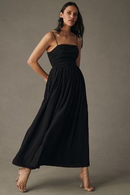 the lorelei ruched-bodice dress Anthropologie The Lorelei Ruched Bodice Black Square Neck Midi Dress XL