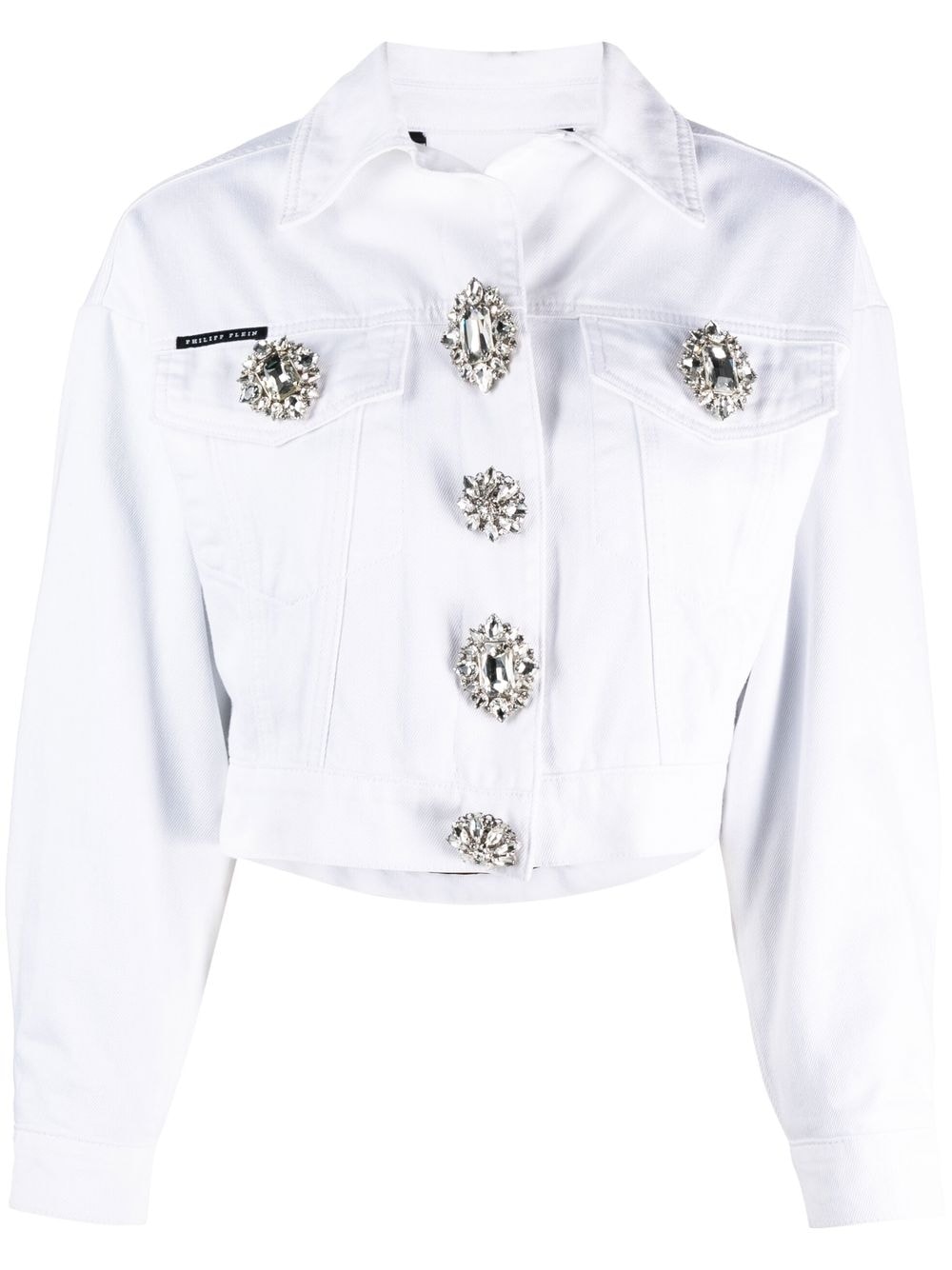 PHILIPP PLEIN Crystal Button Cropped Denim Jacket