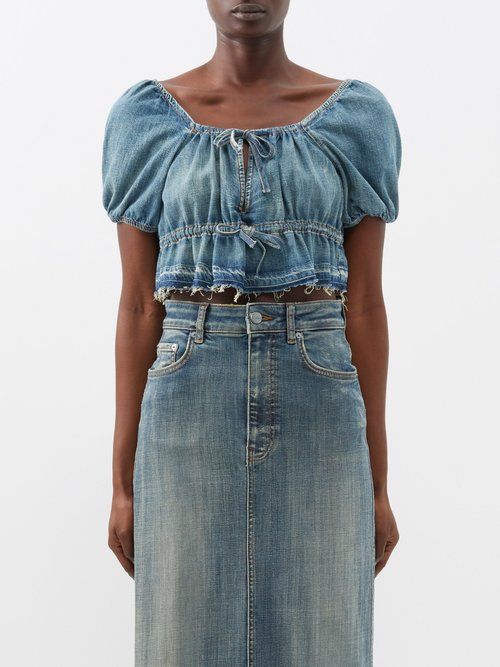 Ganni Puff-Sleeve Tinted-Wash Denim Top In Blue - 30% Off