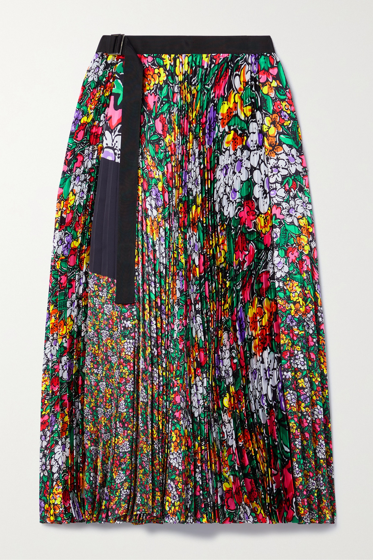 Sacai Belted Floral-Print Plissé-Satin Midi Wrap Skirt In Green
