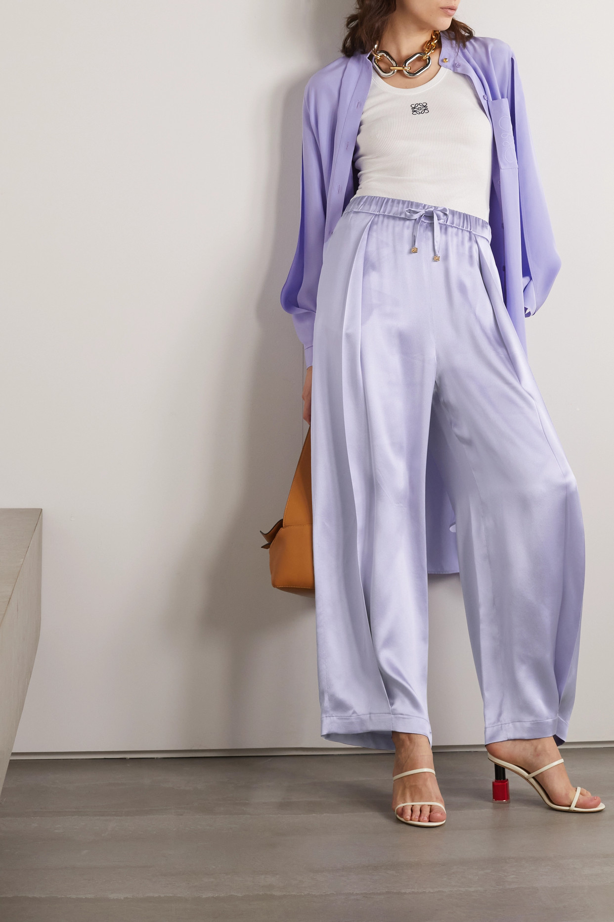 LOEWE Loewe Anagram Pleated Embroidered Silk-satin Pants