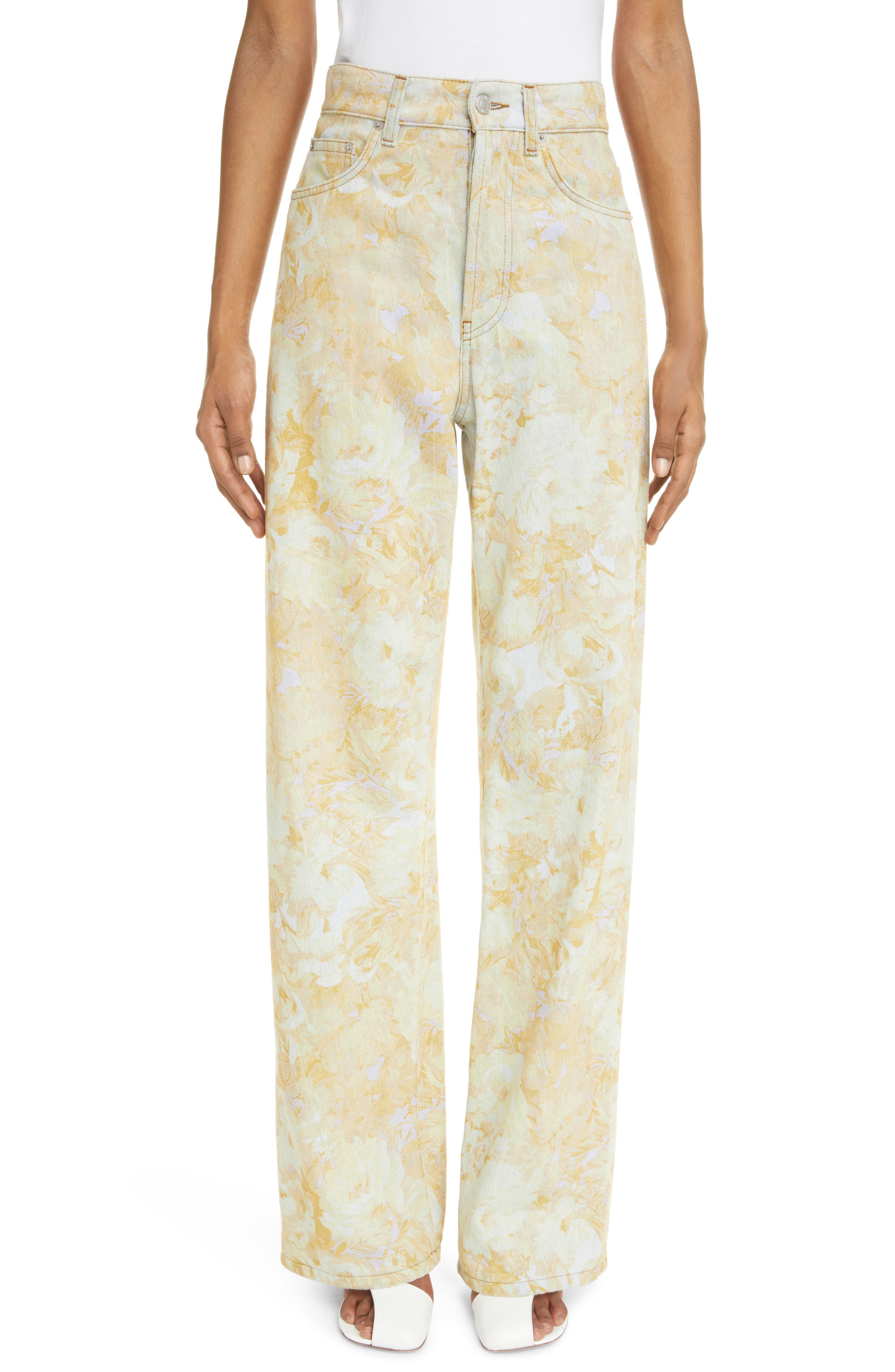 Dries Van Noten Peyton Floral Print Denim Wide Leg Jeans - Vanille 