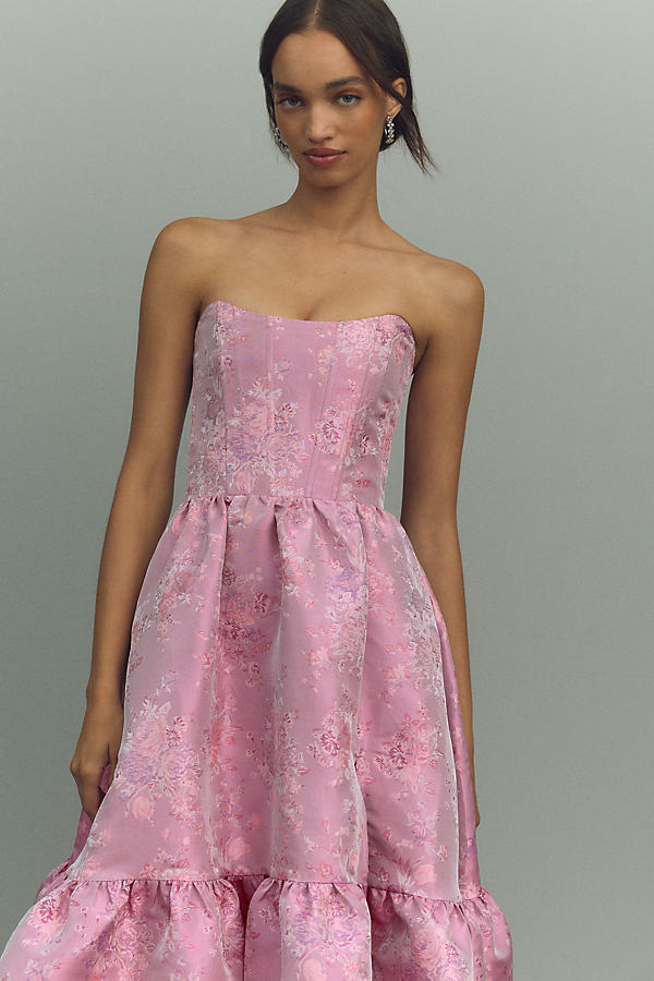 v. chapman virginia tiered strapless corset midi dress The Virginia Dress in Sky Windsor Brocade 2 / Sky Windsor Brocade
