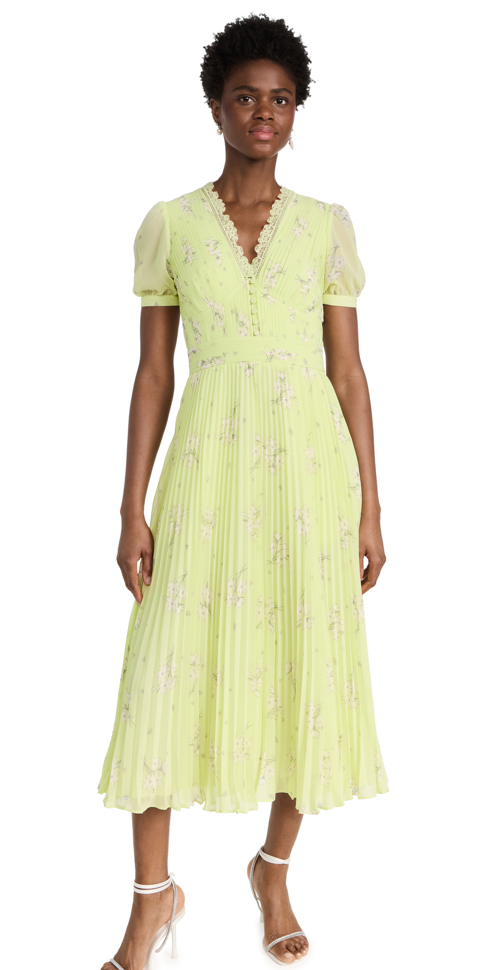 self portrait green floral dress Self-Portrait Lime Floral Chiffon Midi Dress In One-Color - 60% Off