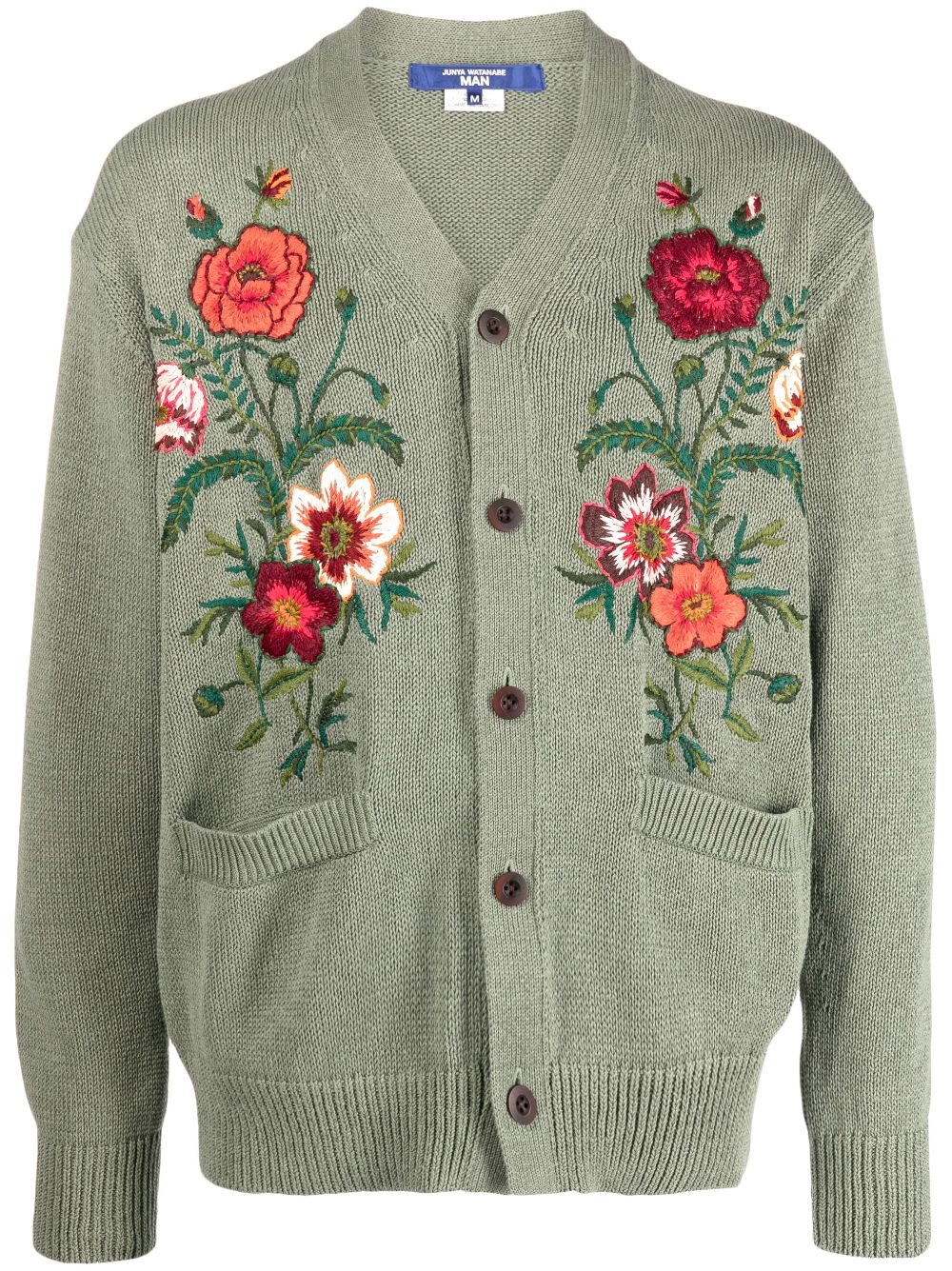 Junya Watanabe Floral-Embroidered V-Neck Cardigan In Green - 30