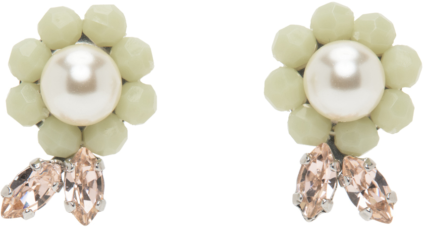 Simone Rocha Green Daisy Leaf Earrings In Mint/Pearl - 47% Off