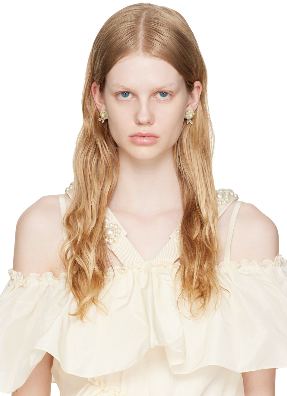 Simone Rocha Green Daisy Leaf Earrings In Mint/Pearl - 47% Off