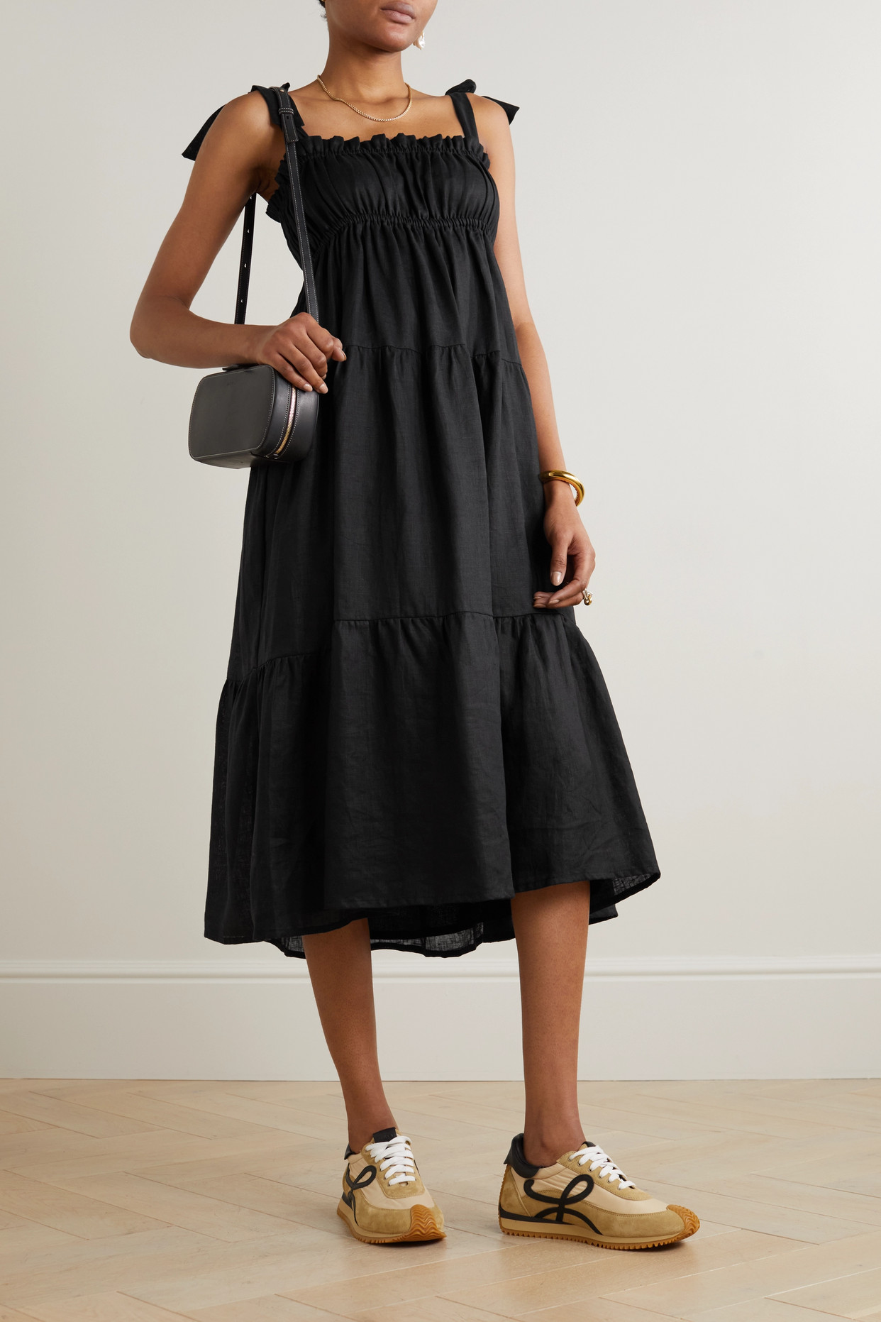 Faithfull The Brand Net Sustain Bellamy Smocked Tiered Linen Midi Dress In  Black - 30% Off | Editorialist