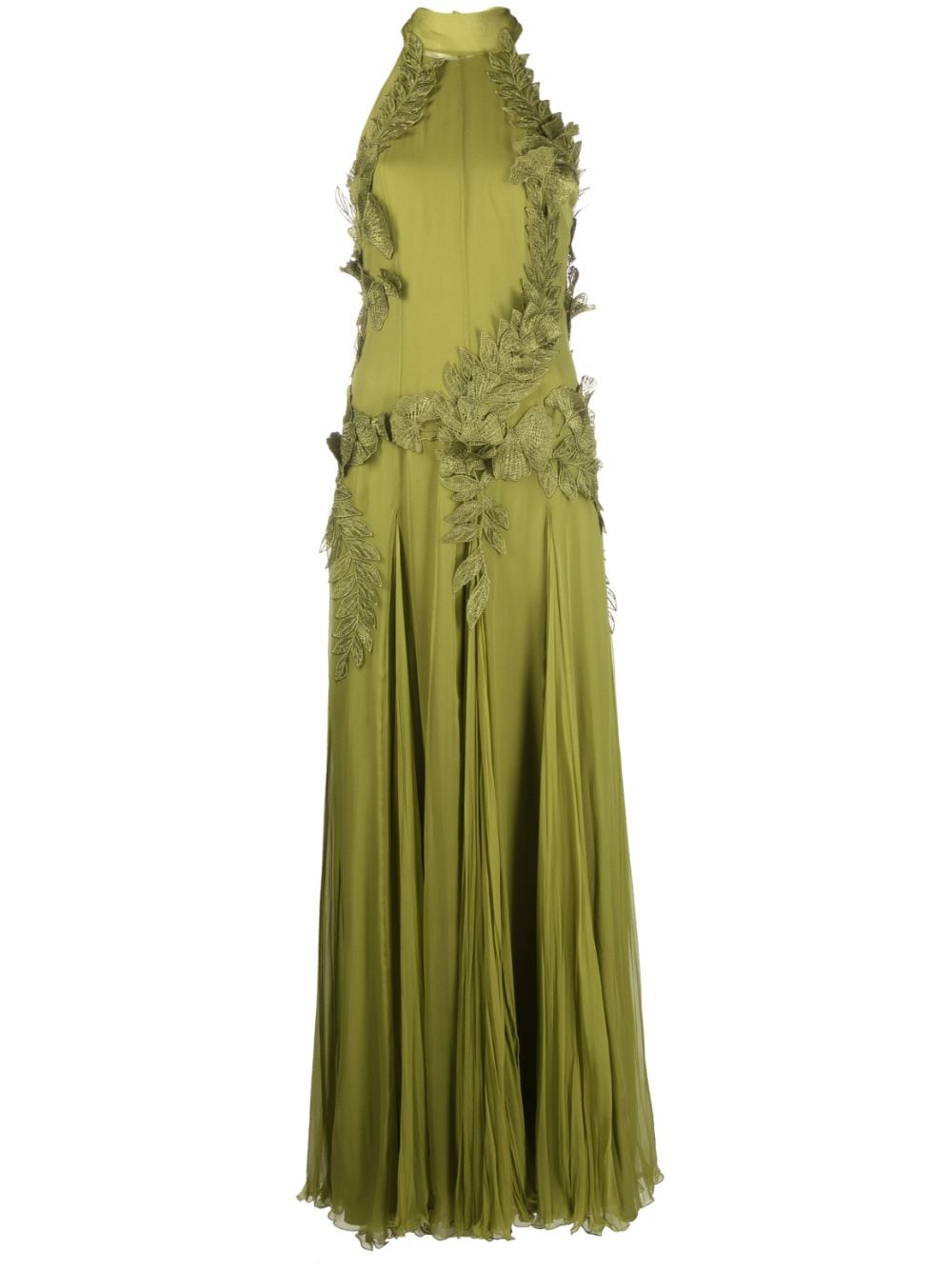 alberta ferretti green silk dress Long silk gown with shoulder-revealing cape