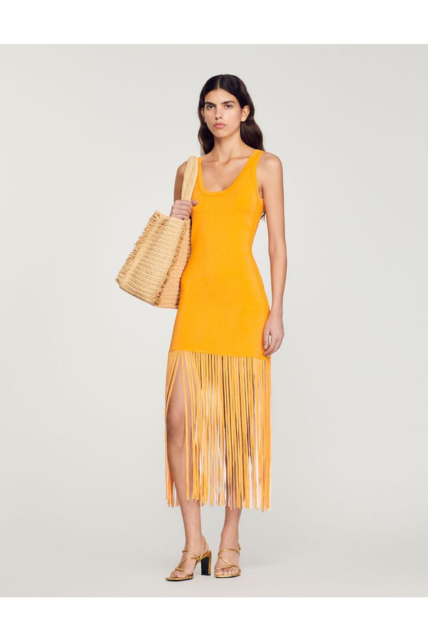 Sandro Fringed Knit Dress In Orange - 50% Off | Editorialist