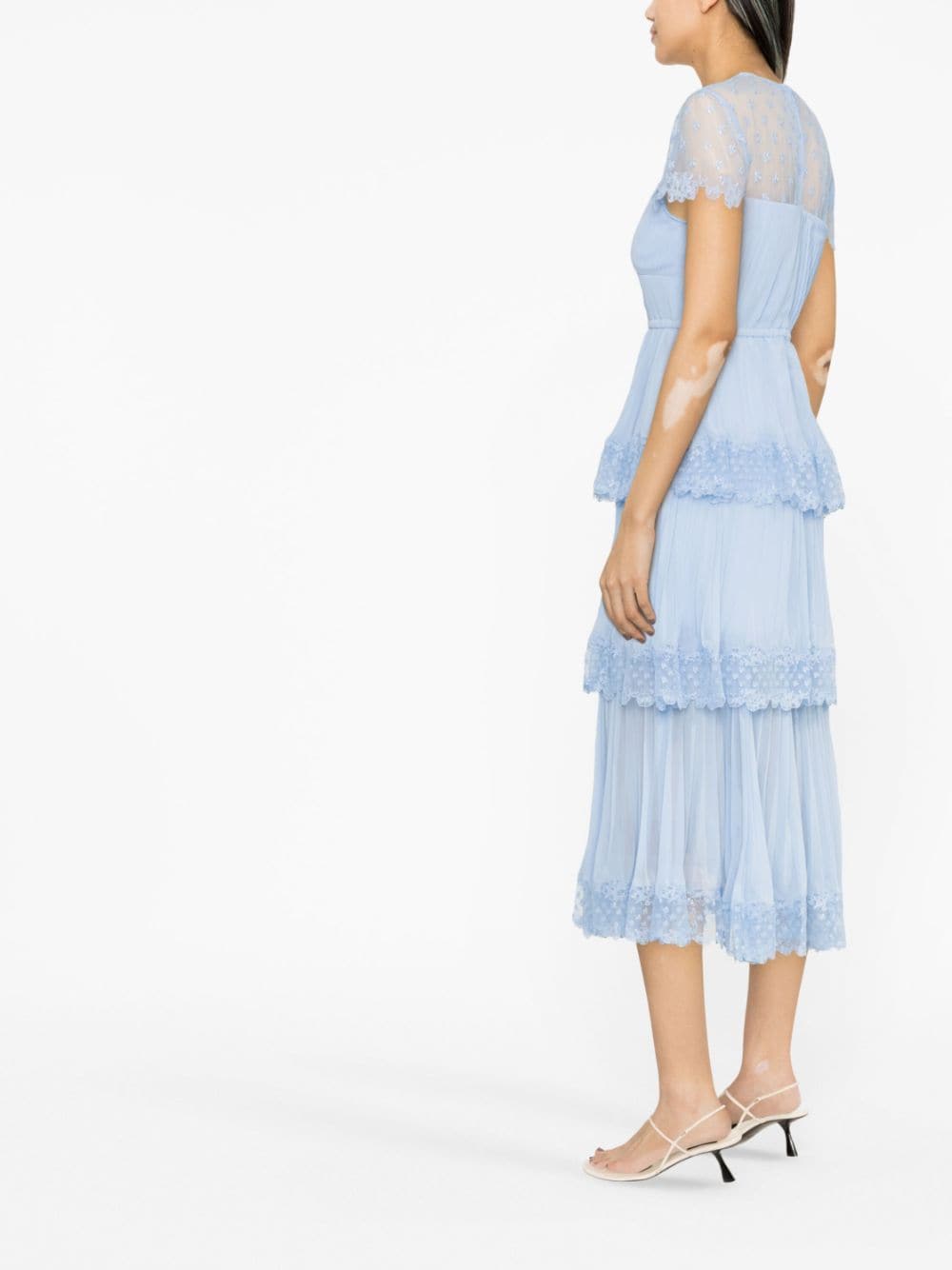 self portrait chiffon tiered midi dress SELF-PORTRAIT Tiered Pleated Floral Chiffon Midi Dress